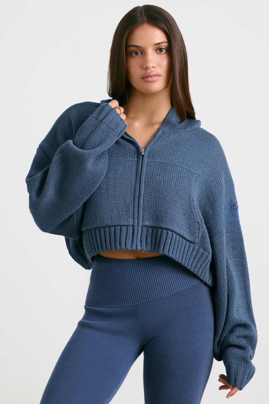 True Cropped Zip Up Chunky Knit Hoodie in Washed Navy | Oh Polly
