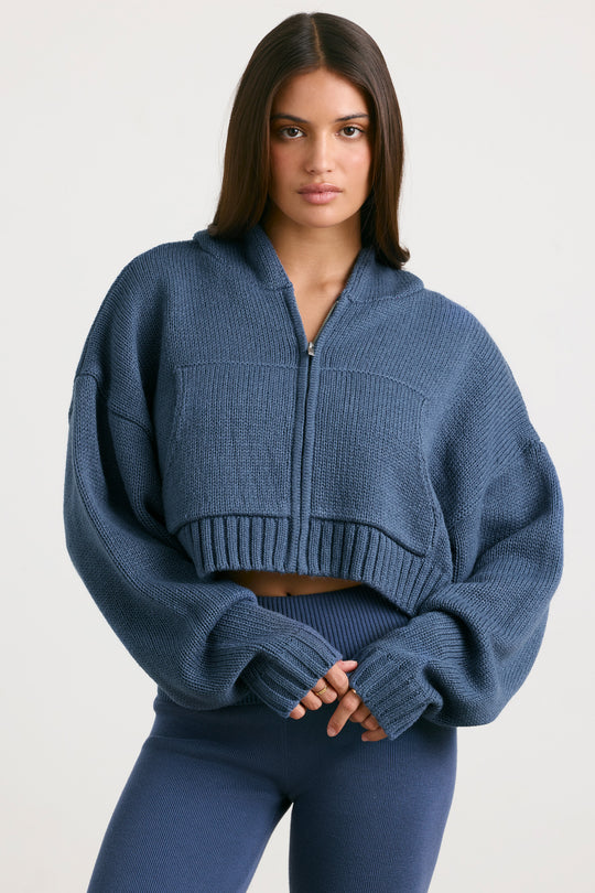True Cropped Zip Up Chunky Knit Hoodie in Washed Navy | Oh Polly