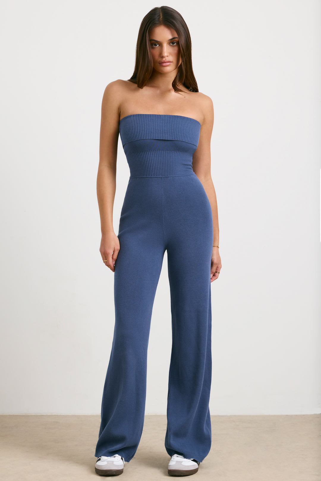 Timeless Chunky Knit Kick Flare Unitard in Washed Navy | Oh Polly