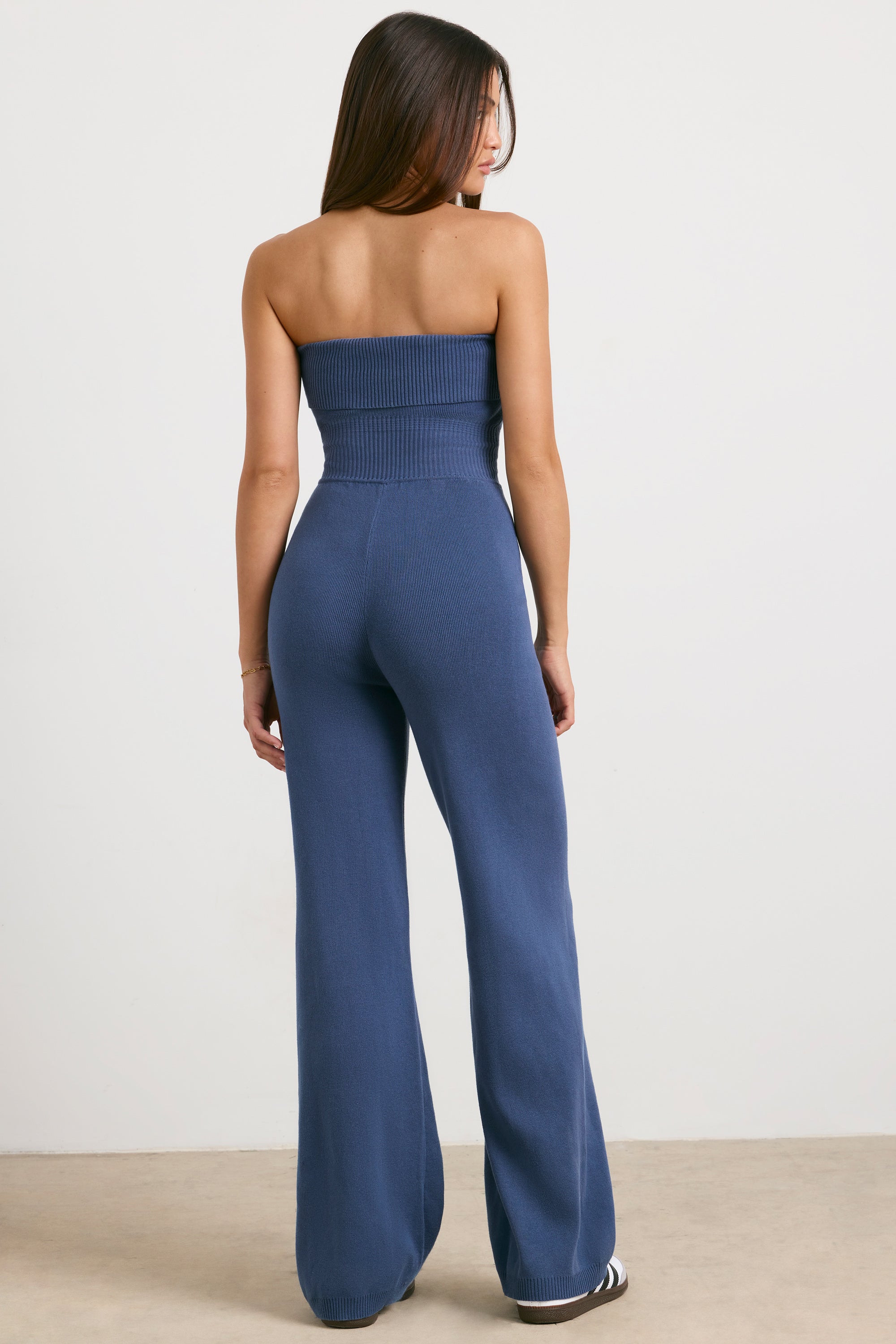 Timeless Chunky Knit Kick Flare Unitard in Washed Navy | Oh Polly