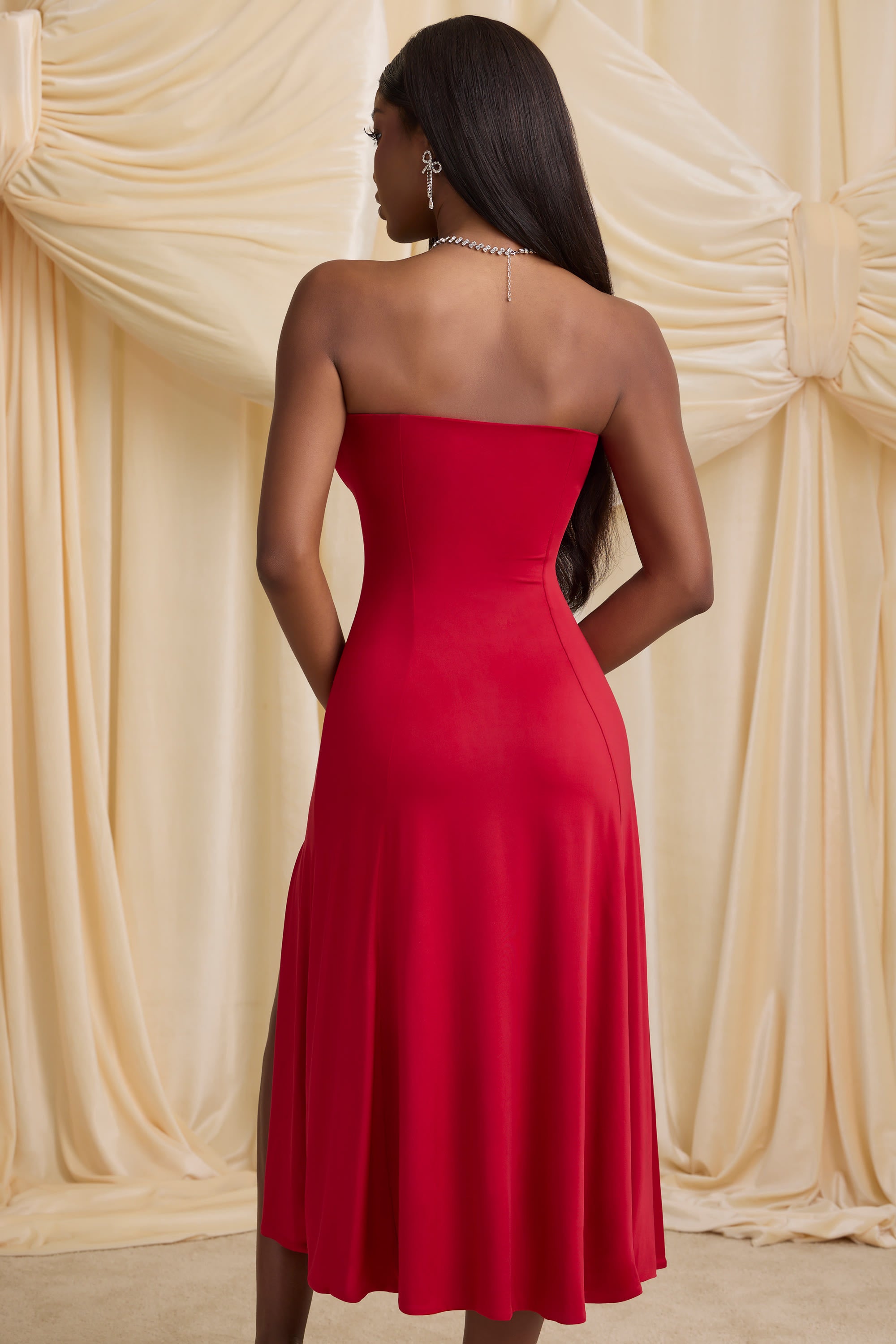Aurea Slinky Jersey Strapless A-Line Midaxi Dress in True Red | Oh Polly