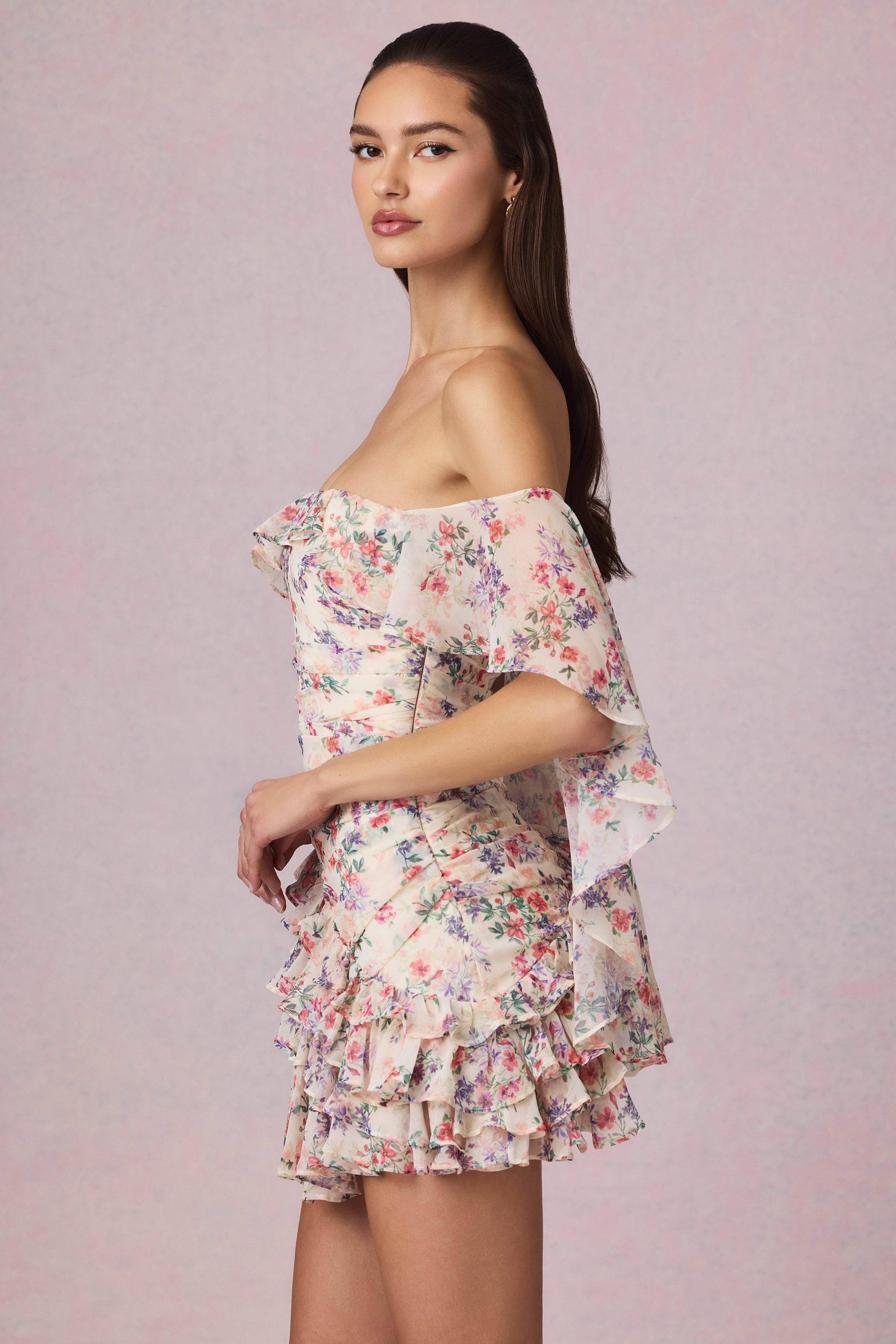 Birdie Off-Shoulder Ruffled Mini Dress in Primrose Floral Print | Oh Polly