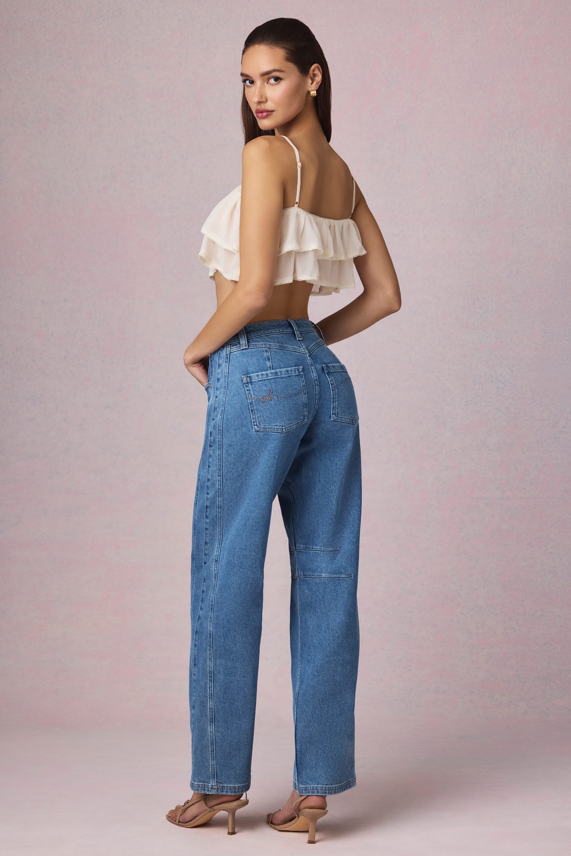 Bobbi Mid-Rise Barrel-Leg Jeans in Mid-Blue Wash | Oh Polly