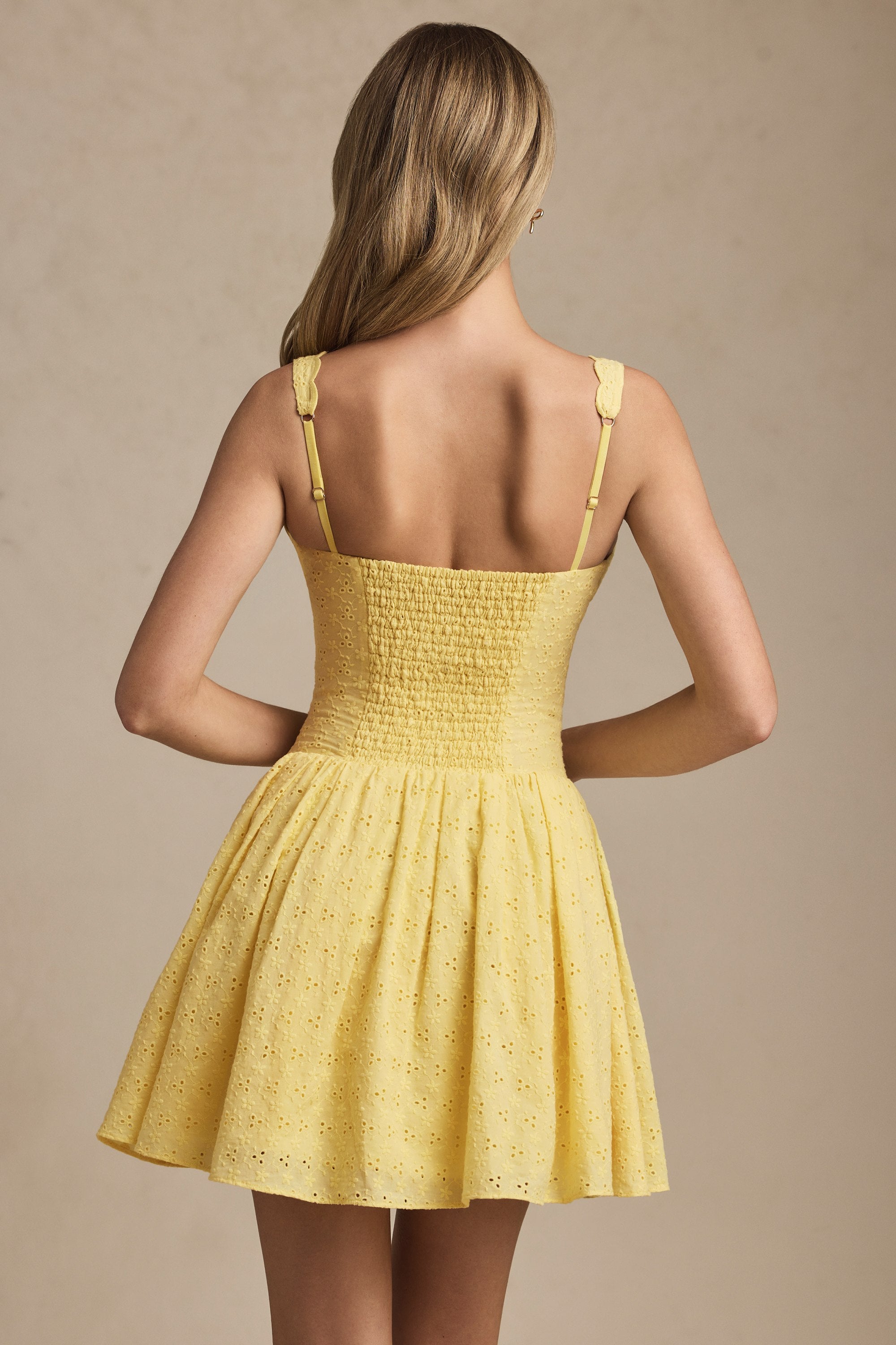 Sabina Broderie Anglaise Bow-Detail A-Line Mini Dress in Pastel Yellow ...