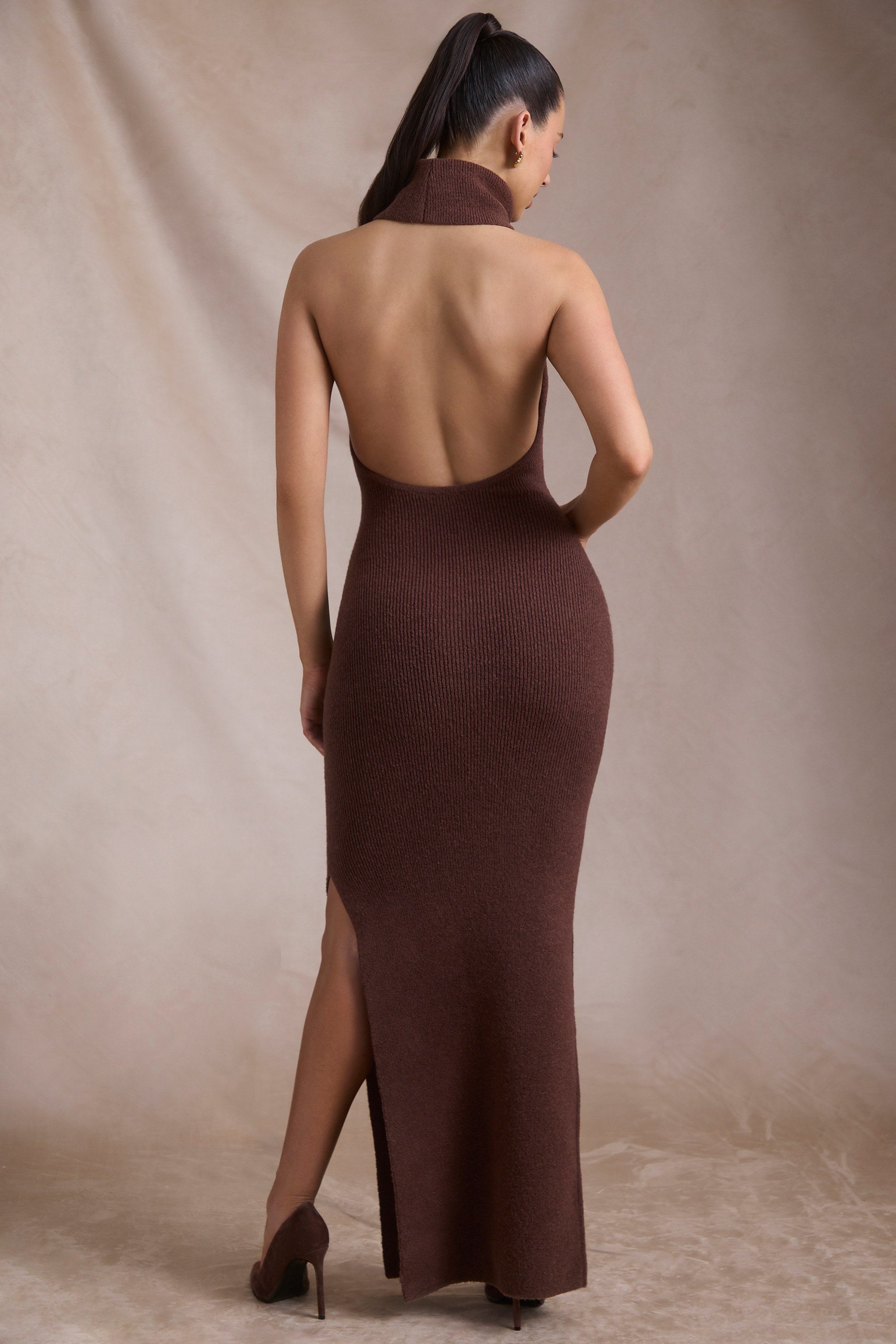 Calissa Ribbed-Knit Turtleneck Backless Maxi Dress in Espresso | Oh Polly