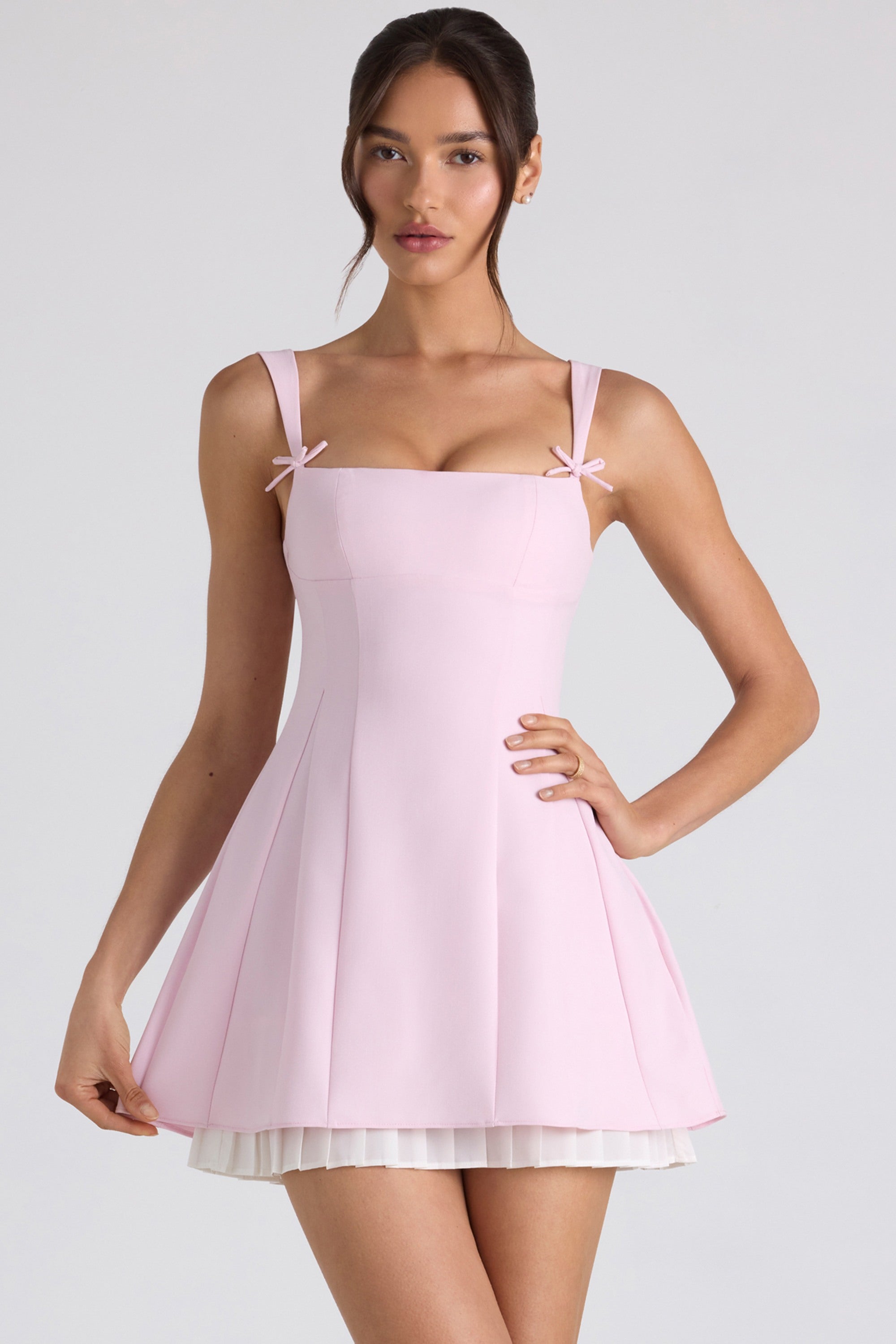 Cressida Bow-Detail Pleated A-Line Mini Dress in Soft Pink | Oh Polly