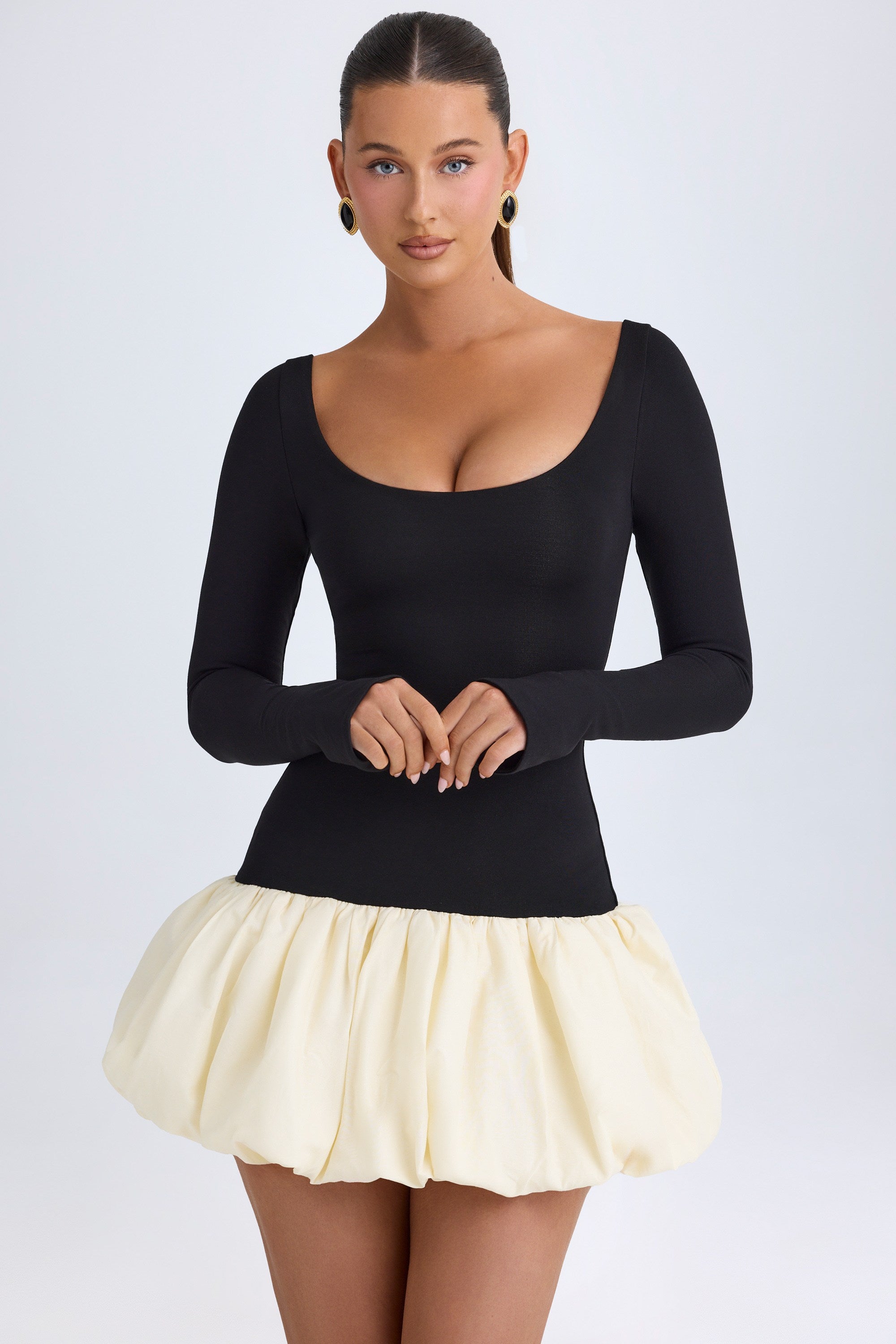 Delphi Scoop-Neck Drop-Waist Bubble Hem Mini Dress in Vanilla | Oh Polly