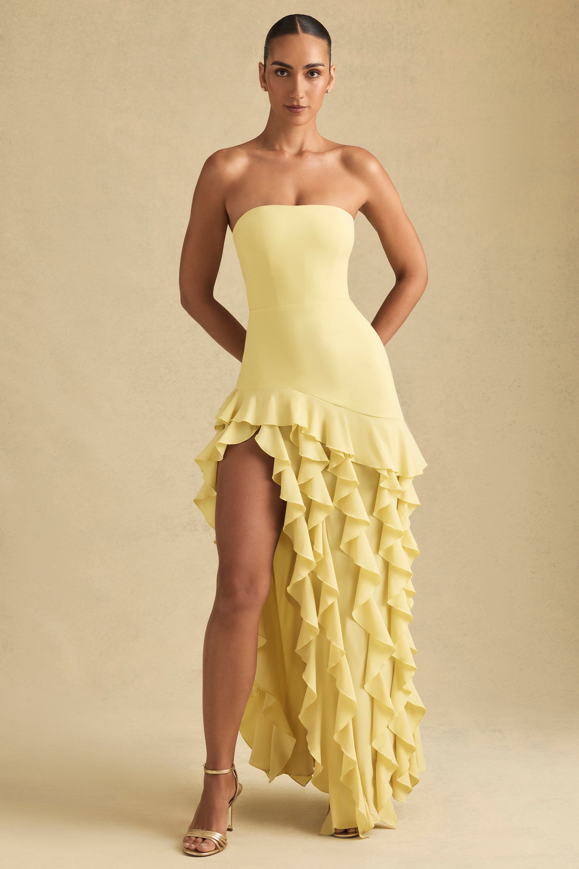 Diletta Ruffle-Trim Strapless Gown in Pastel Yellow | Oh Polly