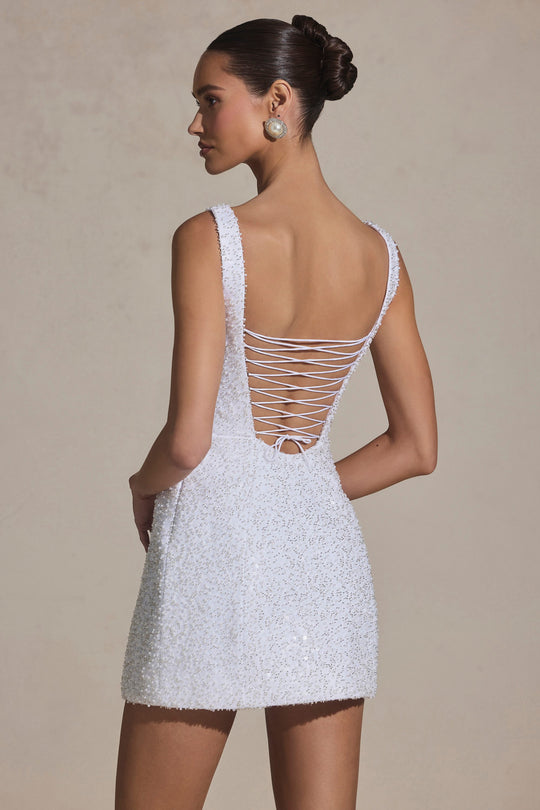Dominique Embellished Structured A-Line Mini Dress in White | Oh Polly