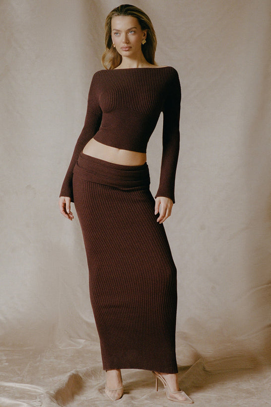 Edalene Ribbed-Knit Foldover Maxi Skirt in Espresso | Oh Polly