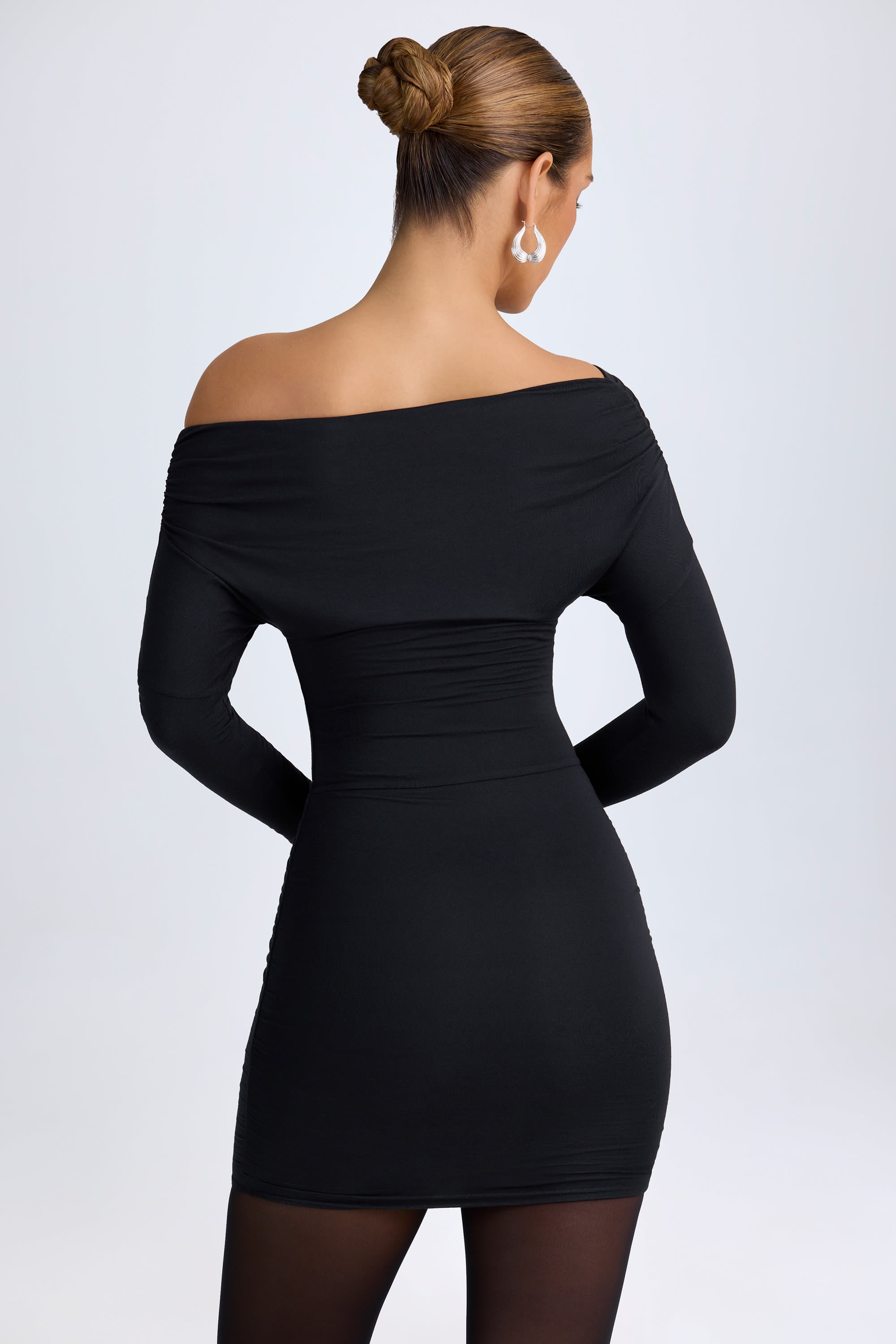 Elsa Modal Off-Shoulder Ruched Mini Dress in Black | Oh Polly