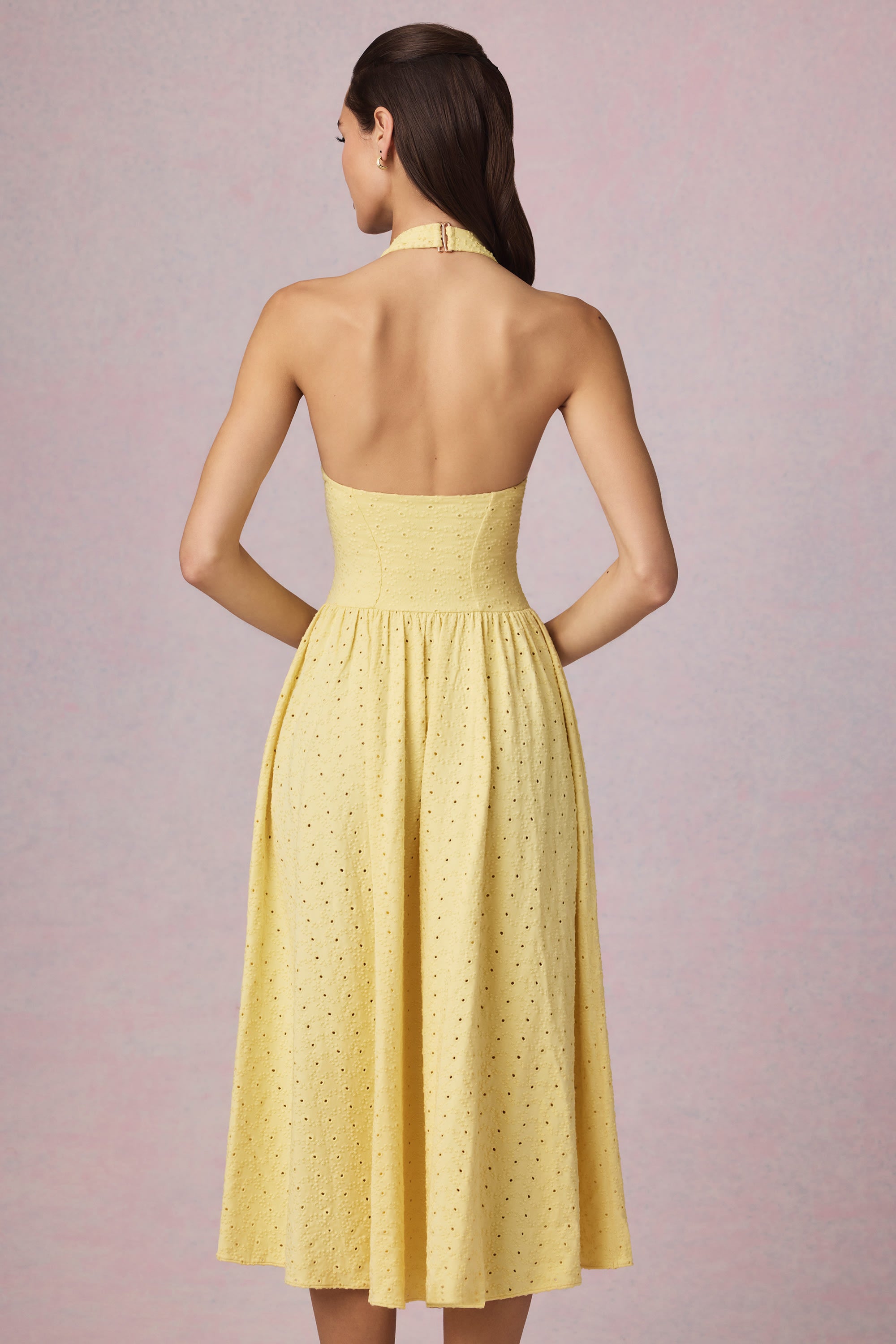 Farrah Broderie Anglaise Halterneck Midaxi Dress in Lemon Yellow | Oh Polly