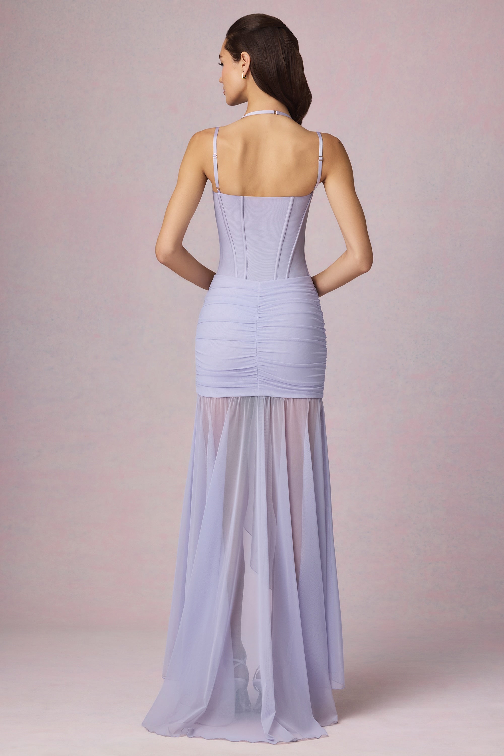 Haruna Ruched Asymmetric Corset Gown in Lilac | Oh Polly