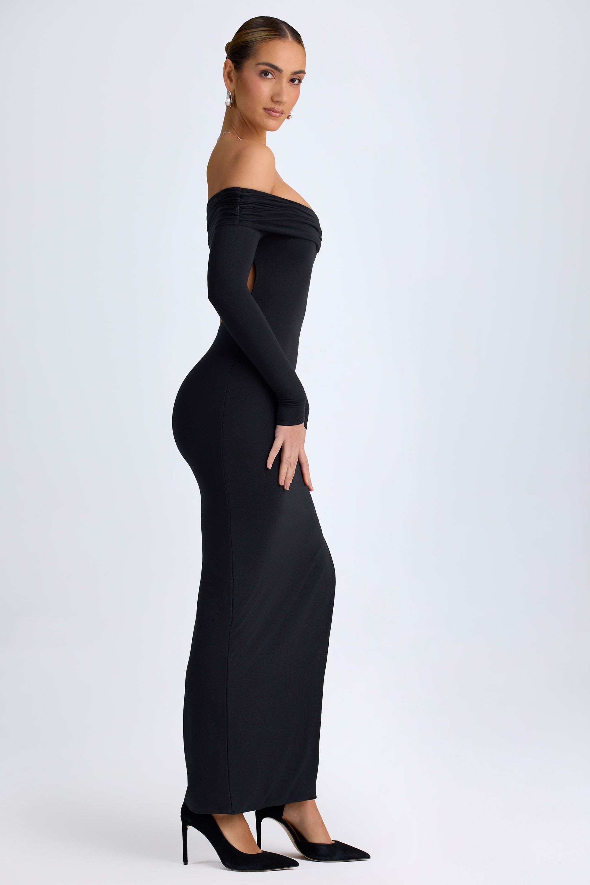 Honora Modal Off-Shoulder Open-Back Maxi Dress in Black | Oh Polly