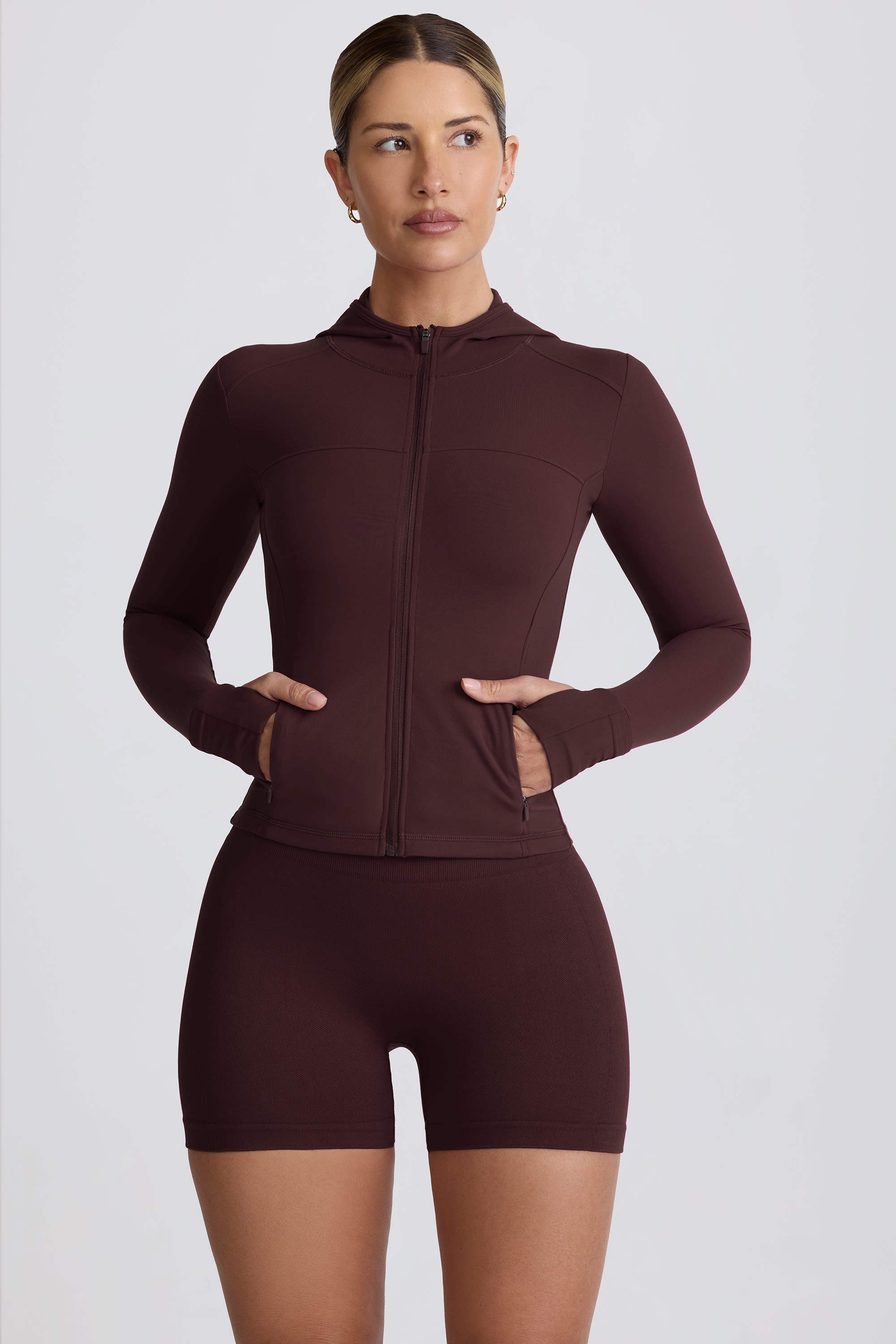 Soft Active Hooded Mid-Layer Jacket in Chocolate | Oh Polly