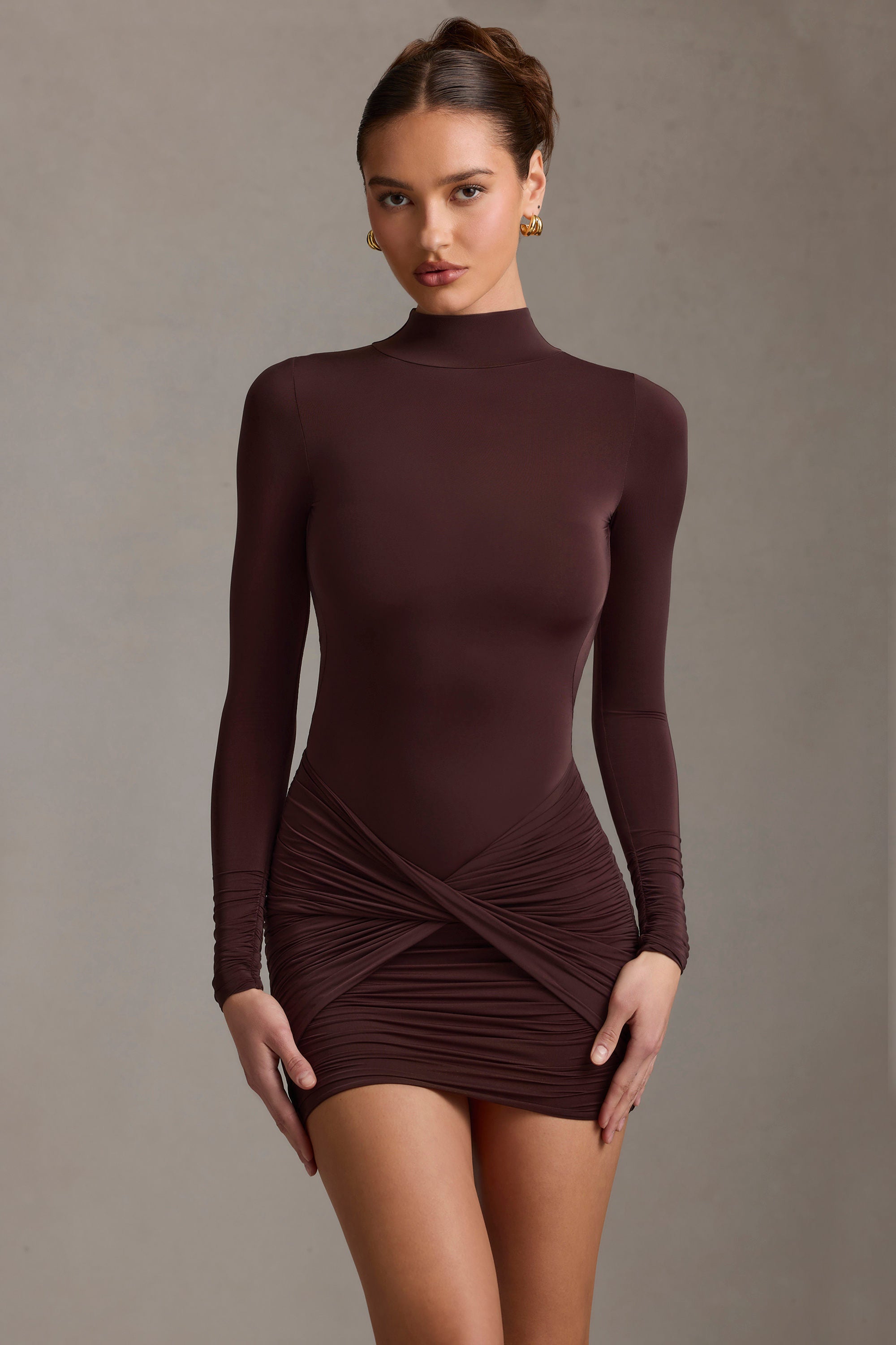 Isolde Ruched Backless Turtleneck Mini Dress in Chocolate Brown | Oh Polly