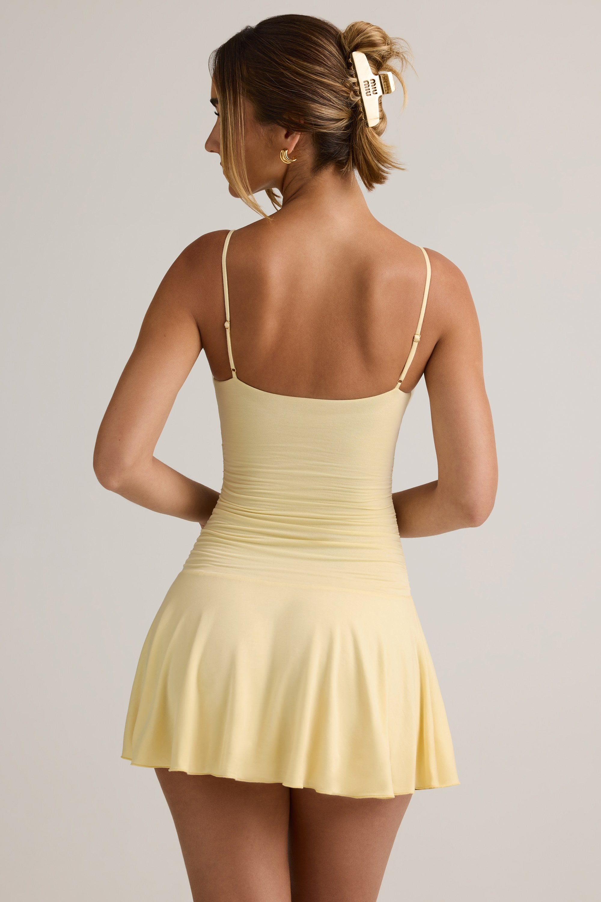 Kelbie Modal Ruched A-Line Mini Dress in Buttercream Yellow | Oh Polly