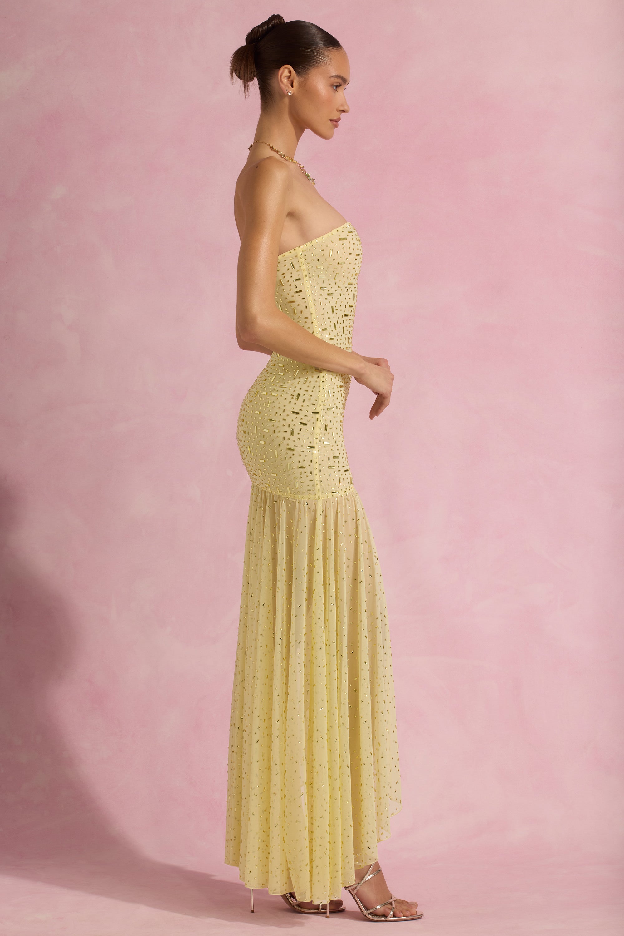 Kerra Semi-Sheer Embellished Asymmetric Maxi Dress in Yellow | Oh Polly