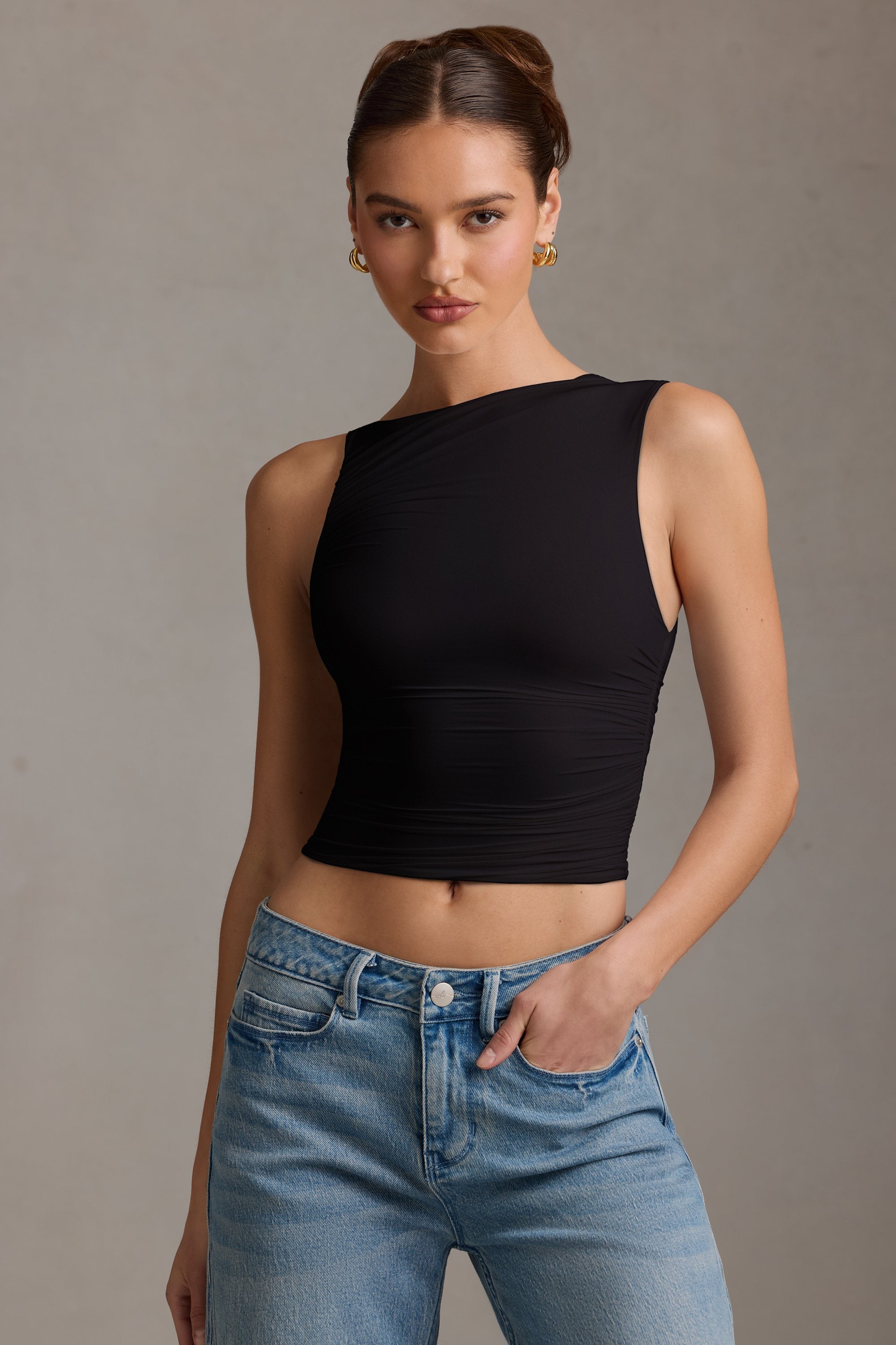 Kirbie Asymmetric Ruched Tank Top in Black | Oh Polly