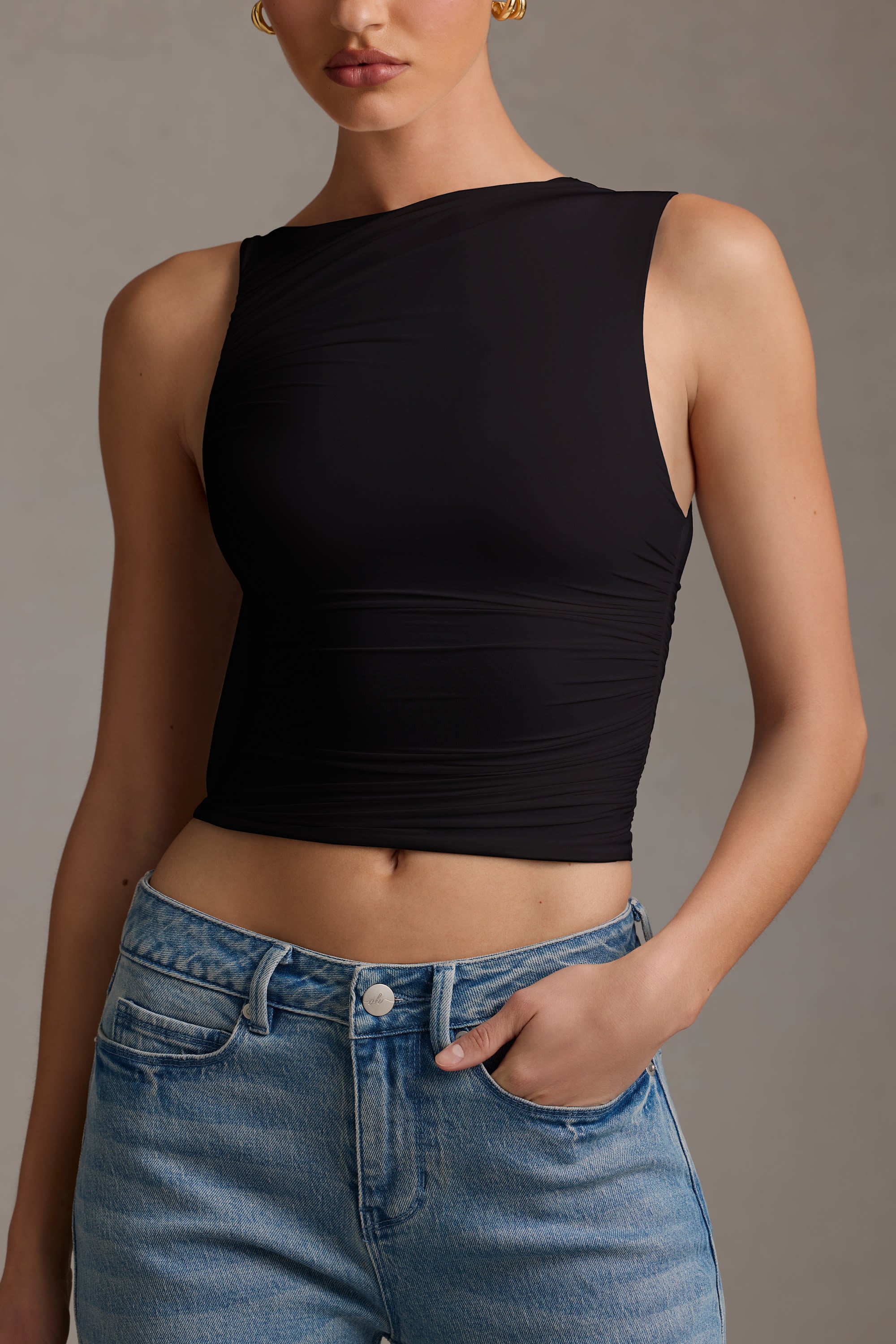 Kirbie Asymmetric Ruched Tank Top in Black | Oh Polly