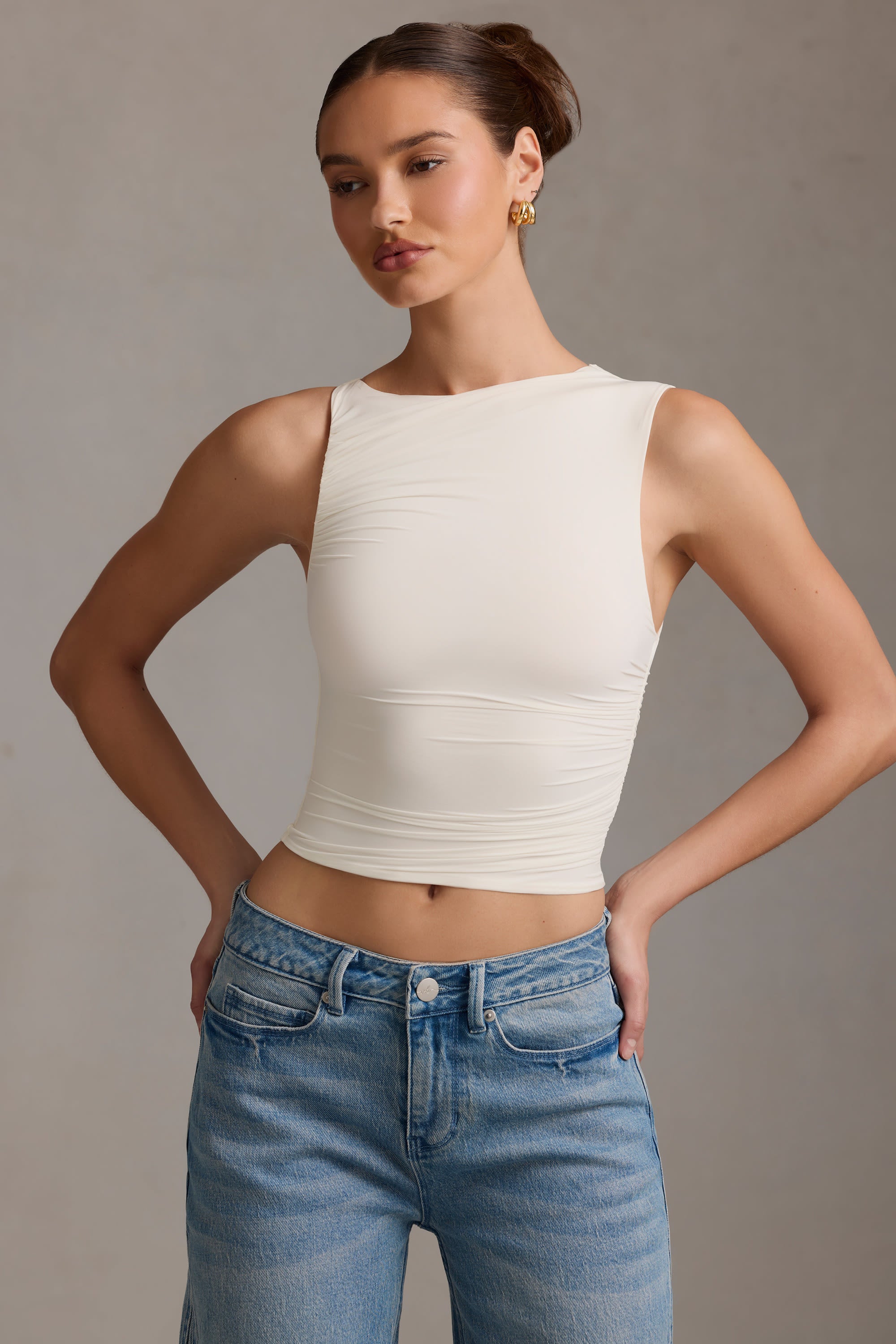 Kirbie Asymmetric Ruched Tank Top in Vanilla | Oh Polly