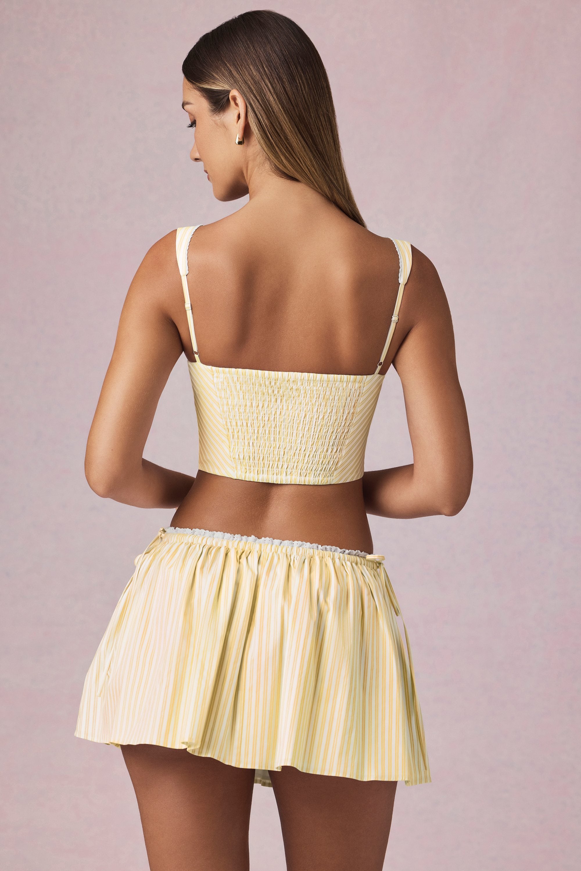 Maira Ruched Drawstring Mini Skirt in Lemon Yellow Stripe | Oh Polly