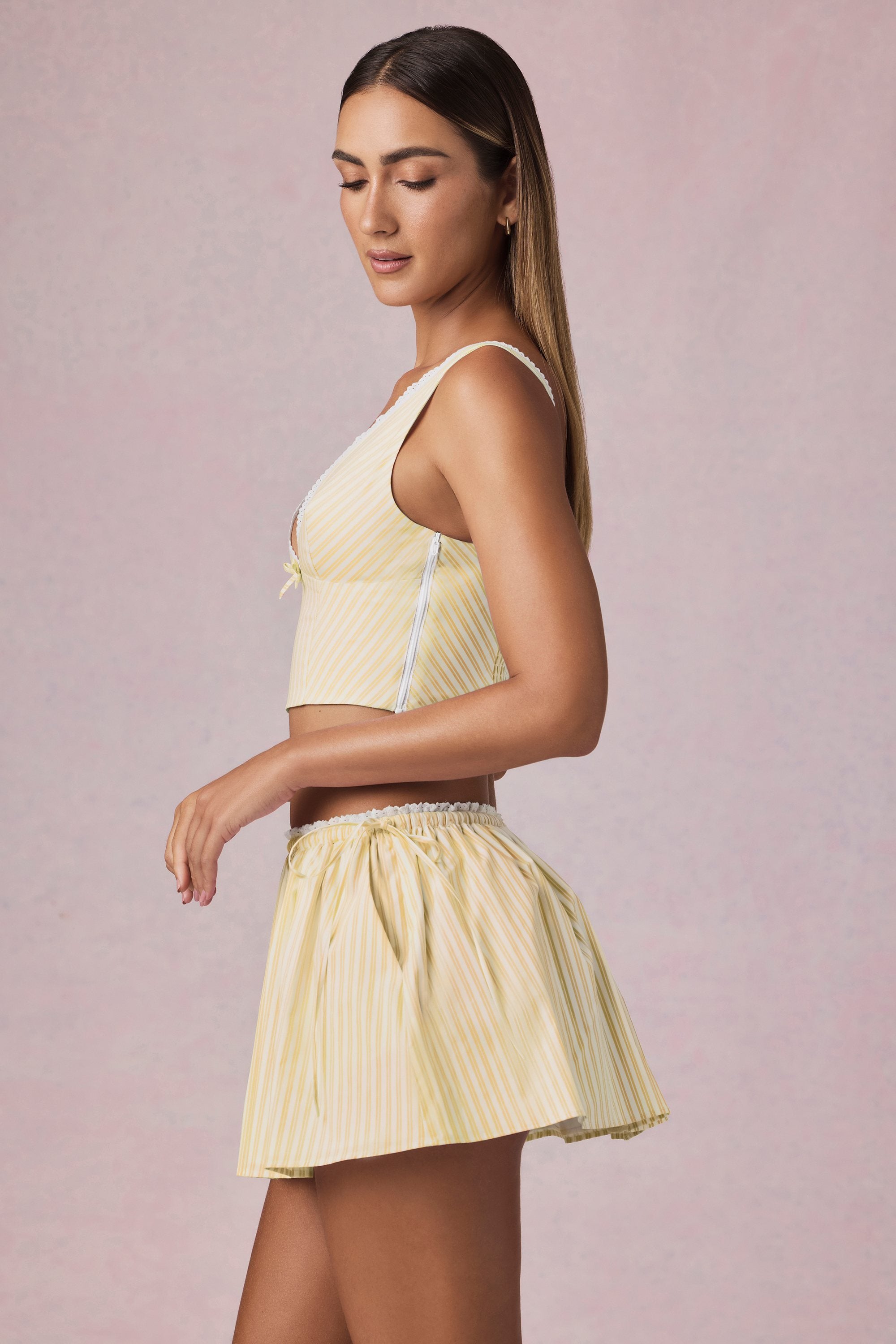Maira Ruched Drawstring Mini Skirt in Lemon Yellow Stripe | Oh Polly