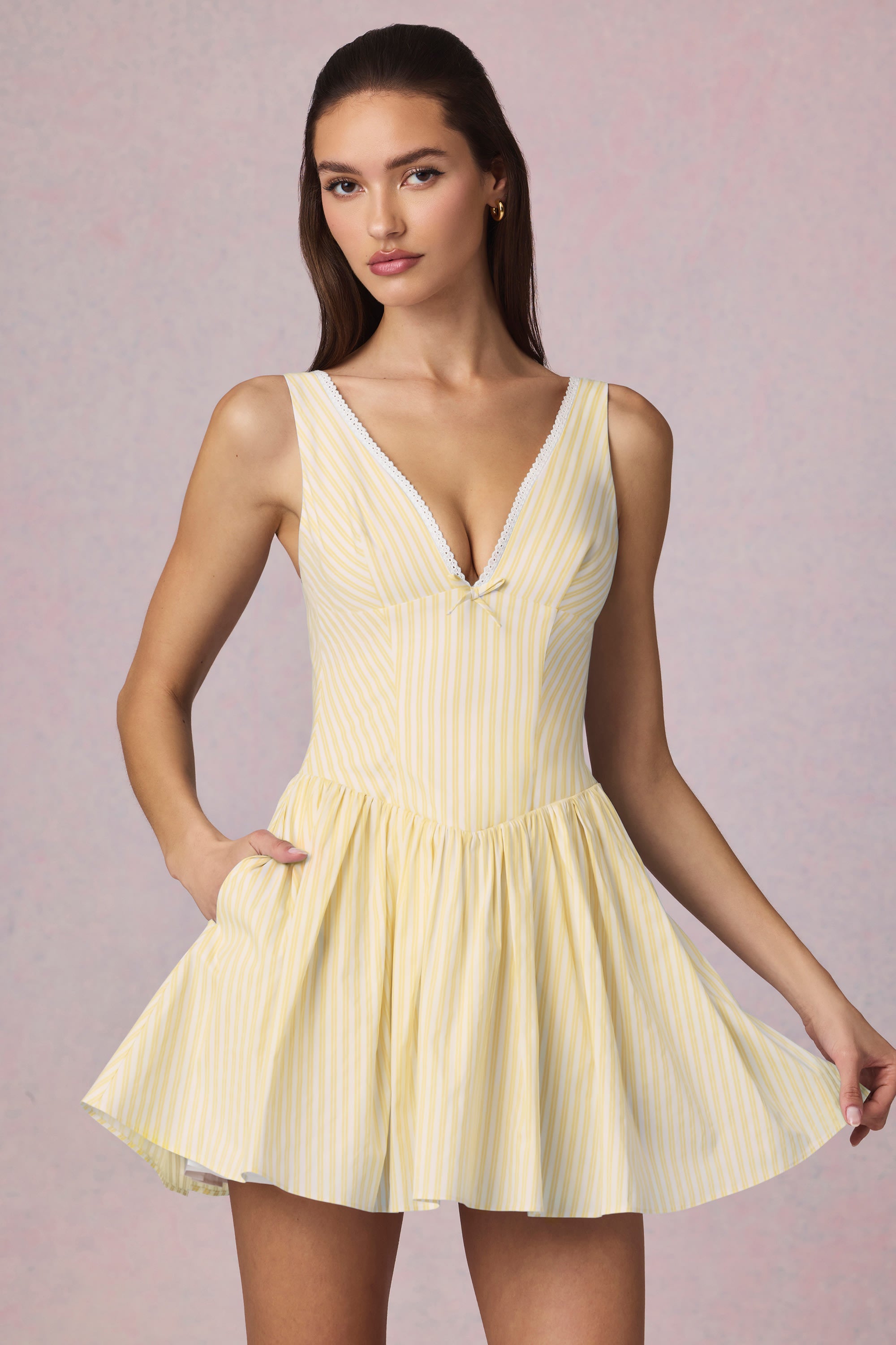 Marissa Bow-Detail A-Line Mini Dress in Lemon Yellow Stripe | Oh Polly