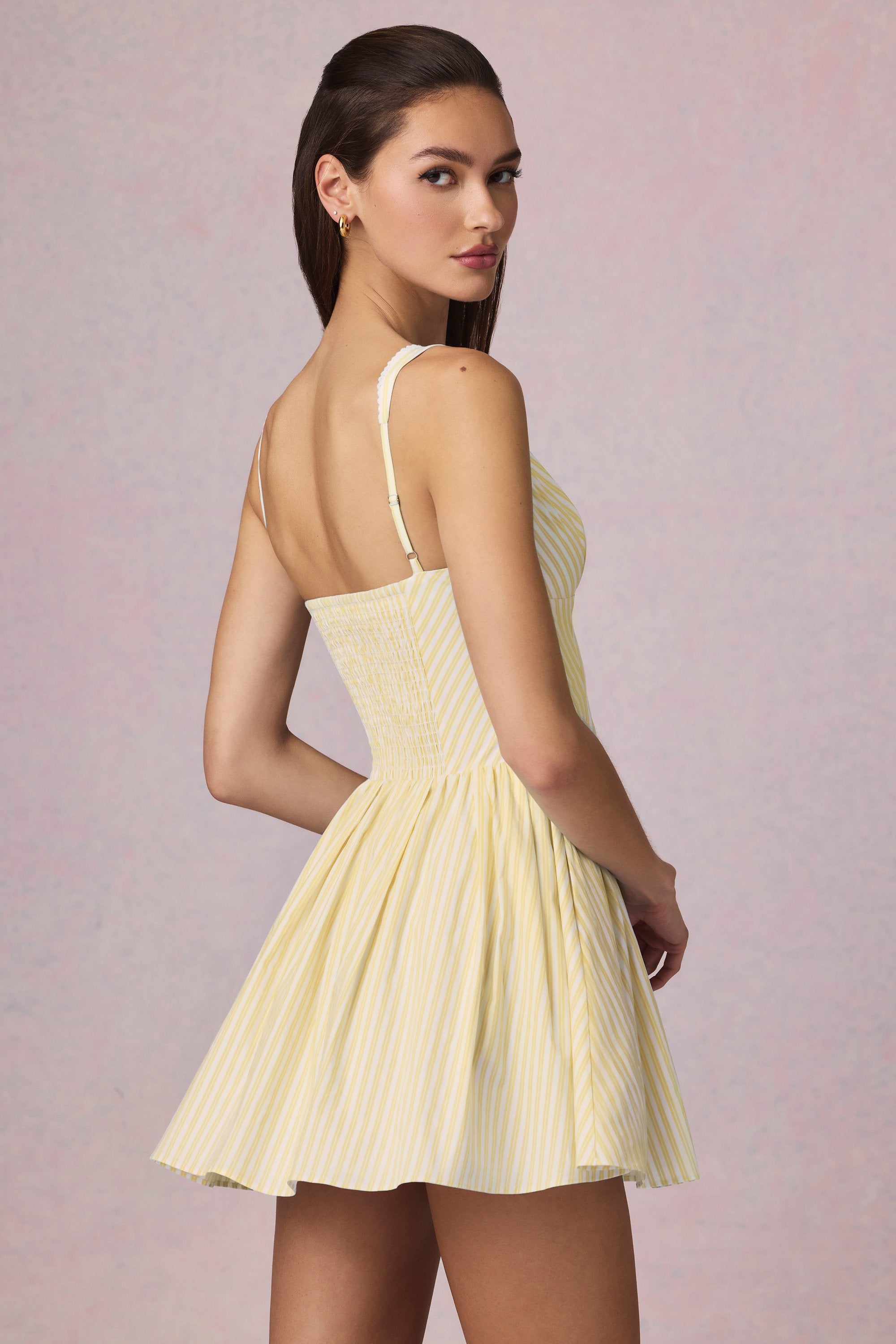 Marissa Bow-Detail A-Line Mini Dress in Lemon Yellow Stripe | Oh Polly