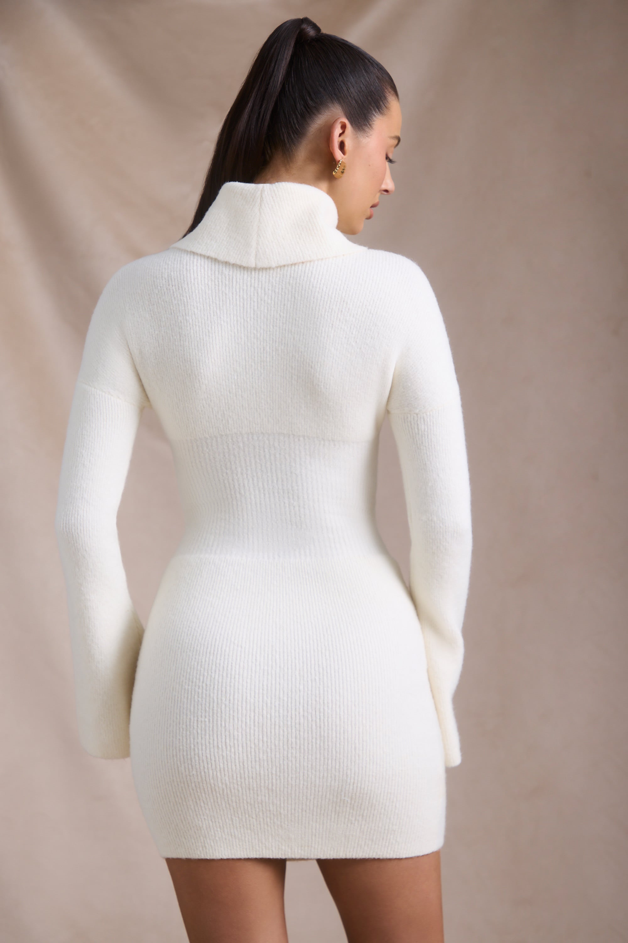 Marta Ribbed-Knit Turtleneck Mini Jumper Dress in Ivory | Oh Polly