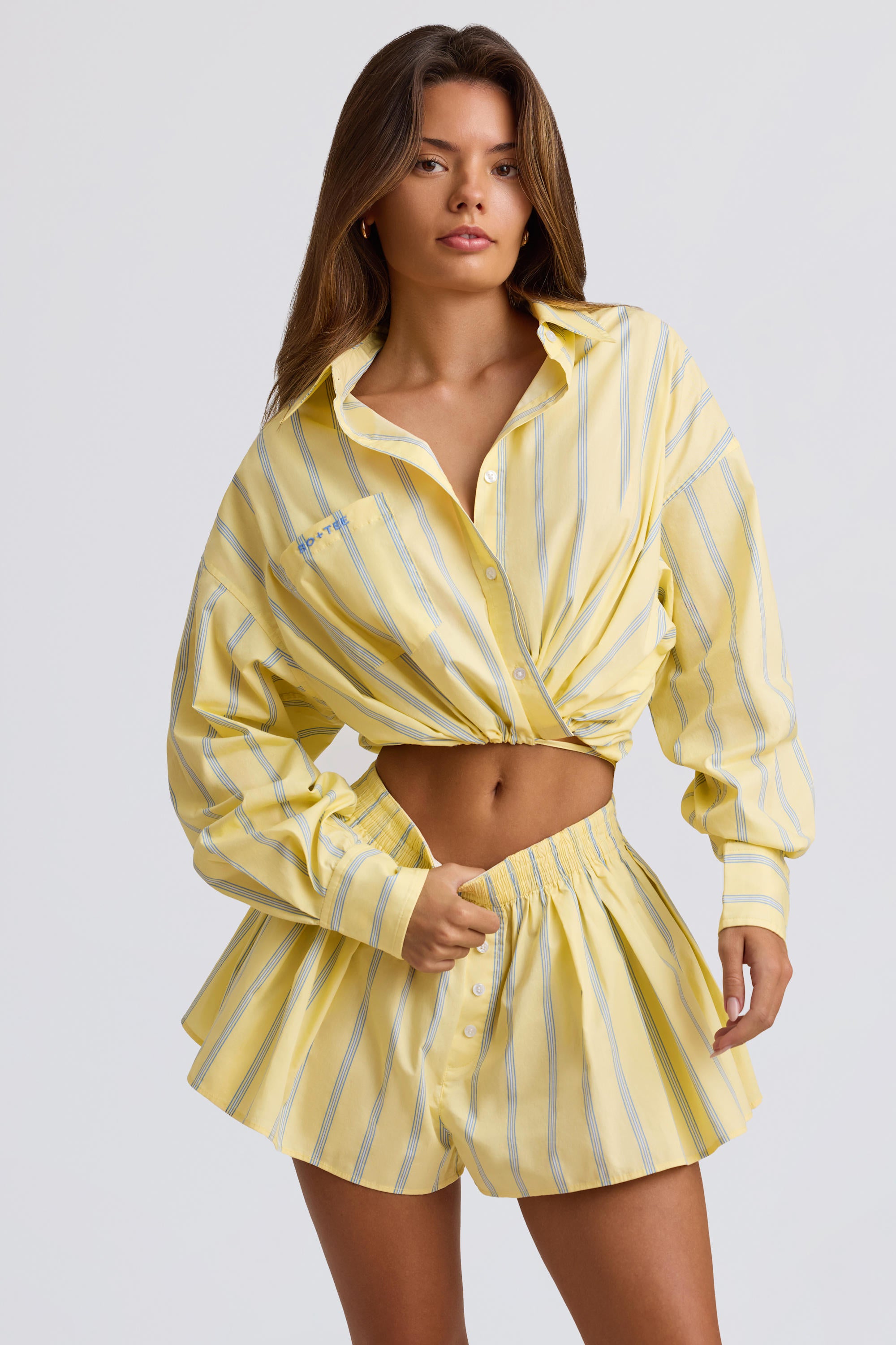 Multiway Cropped Cotton-Poplin Shirt in Yellow Stripe | Oh Polly