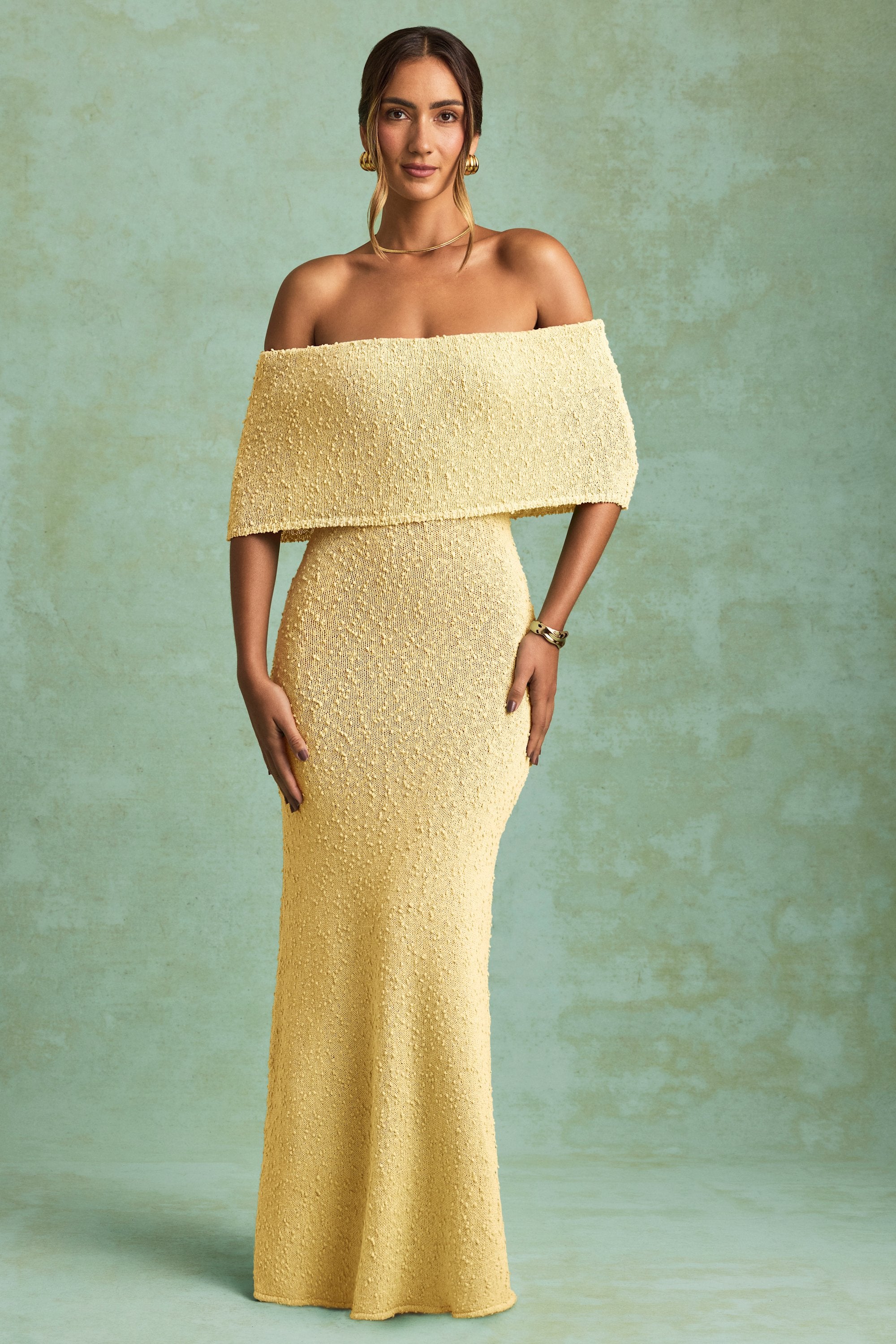 Naia Bouclé Off-Shoulder Maxi Dress in Yellow | Oh Polly