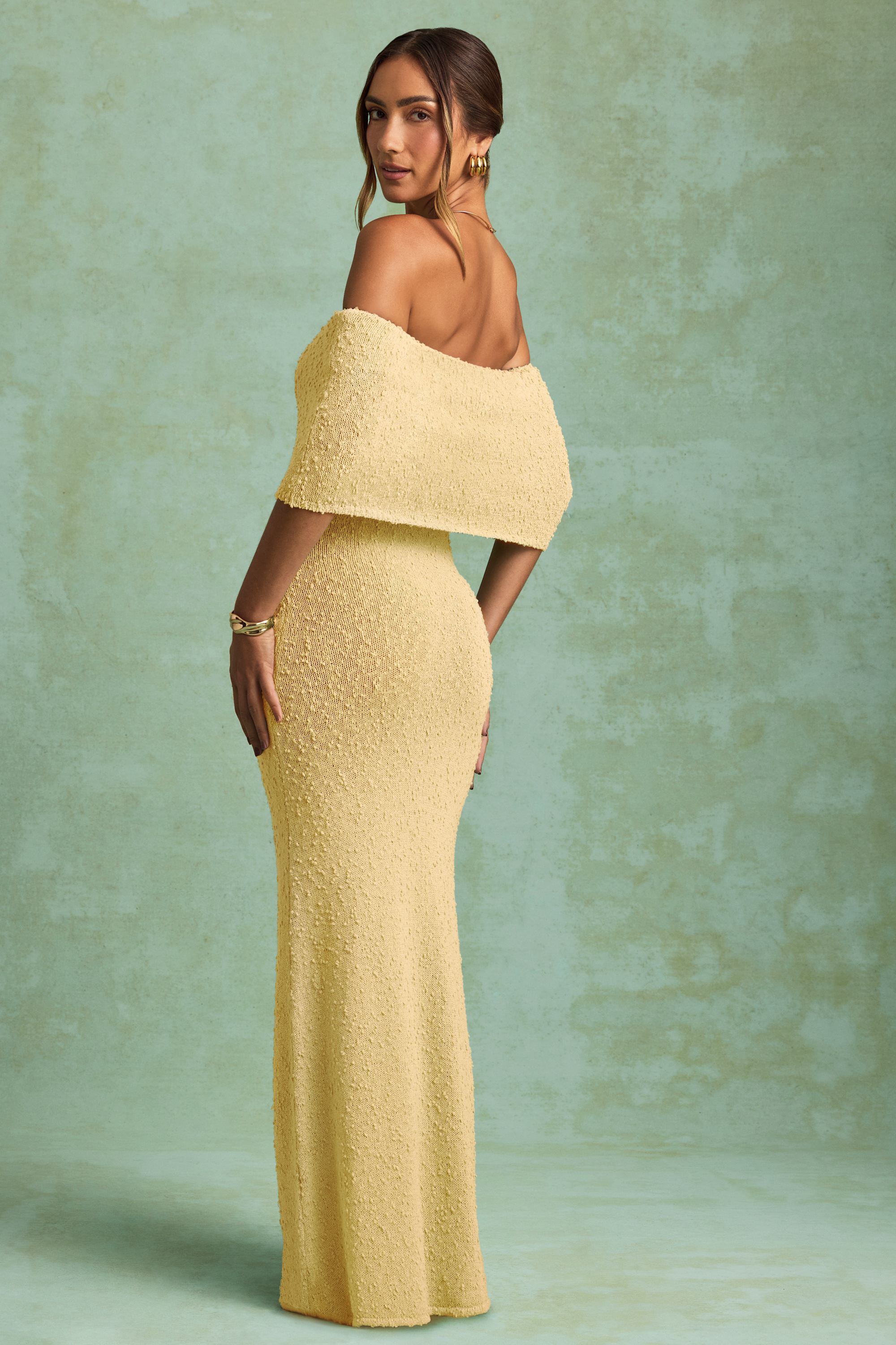 Naia Bouclé Off-Shoulder Maxi Dress in Yellow | Oh Polly