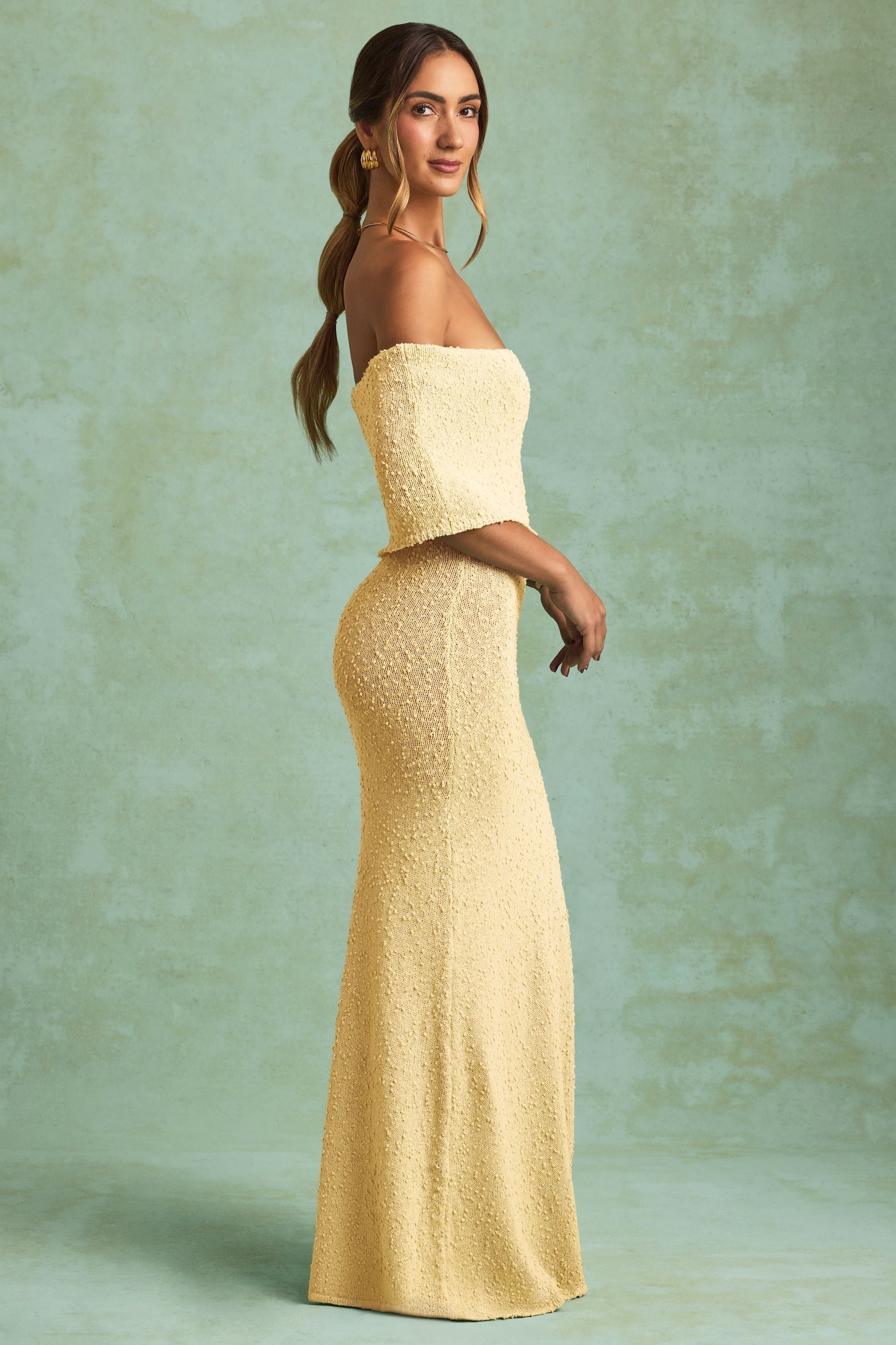 Naia Bouclé Off-Shoulder Maxi Dress in Yellow | Oh Polly