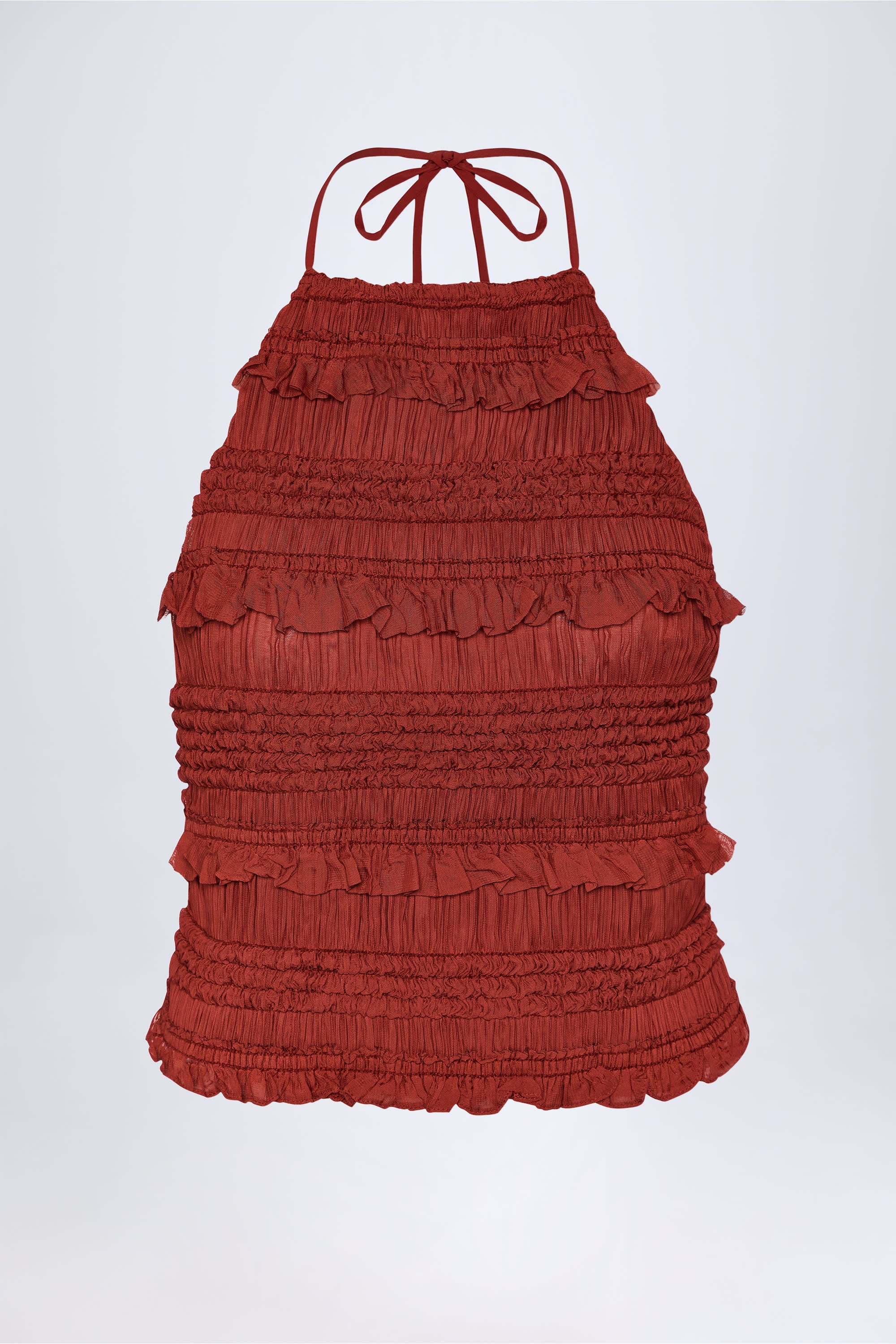 Natesha Ruffled High-Neck Backless Top in Burnt Red | Oh Polly