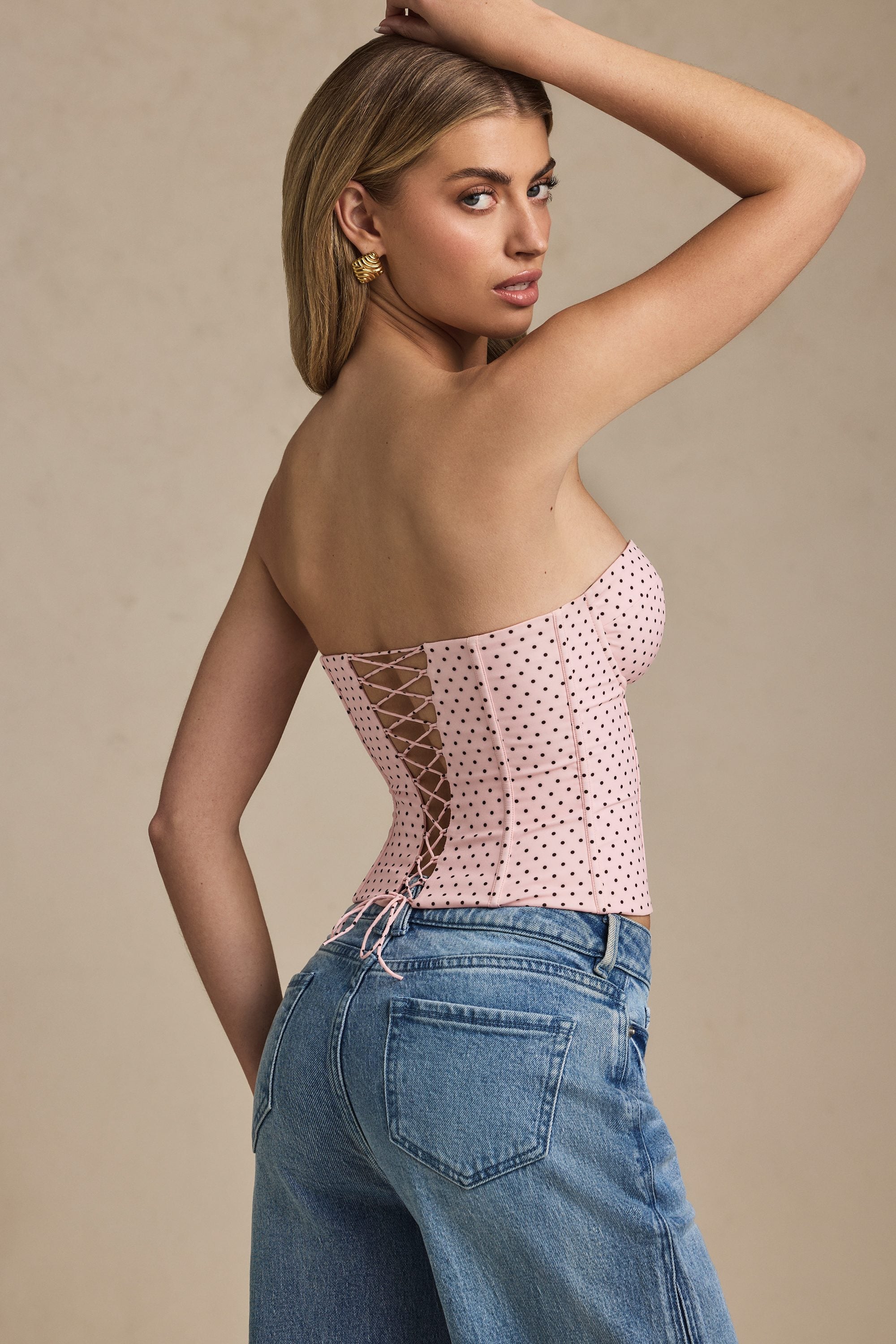 Natya Lace-Up Strapless Corset Top in Pink Polka Dot | Oh Polly