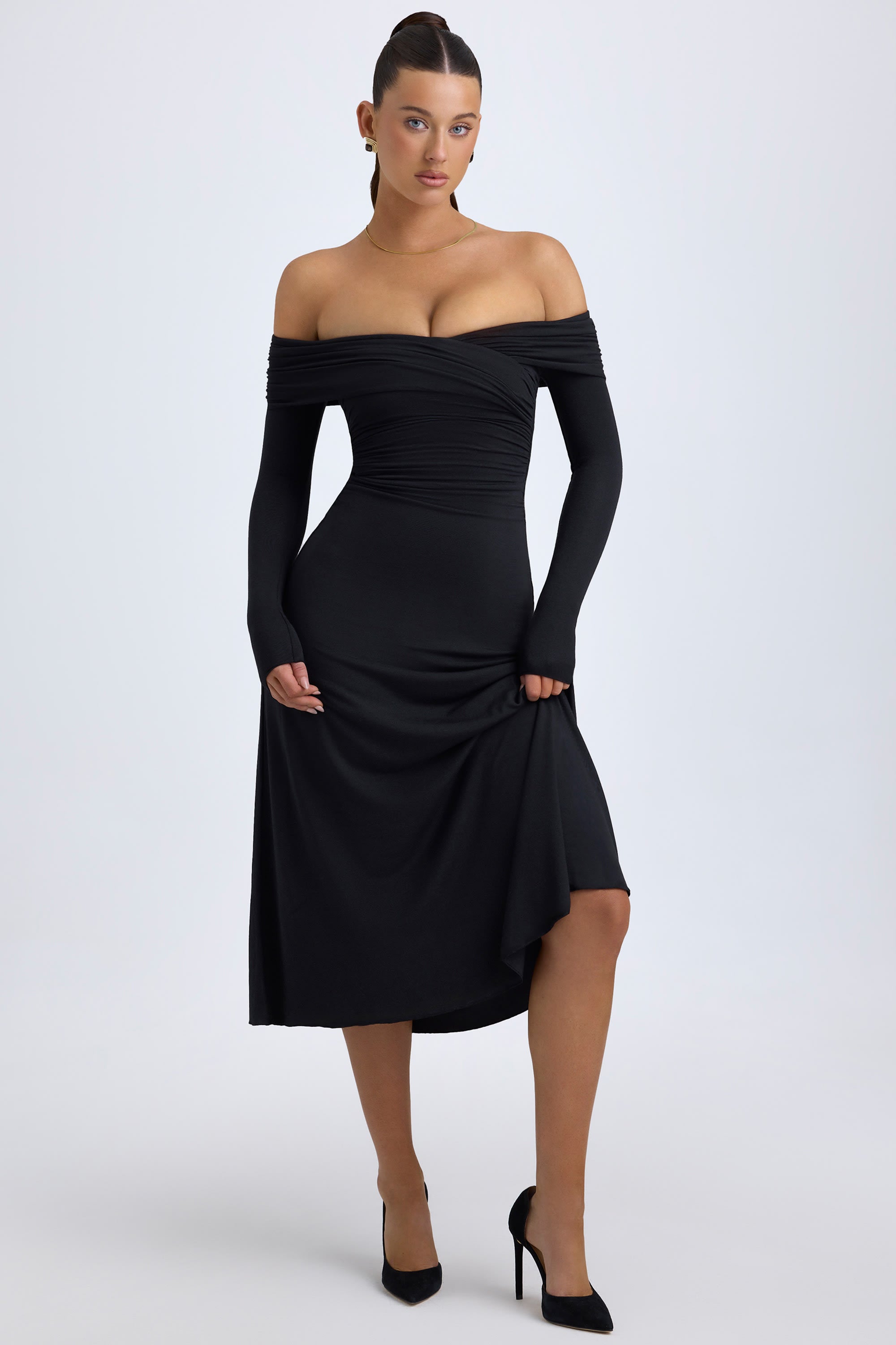Noelle Modal Off-Shoulder Ruched Midaxi Dress in Black | Oh Polly