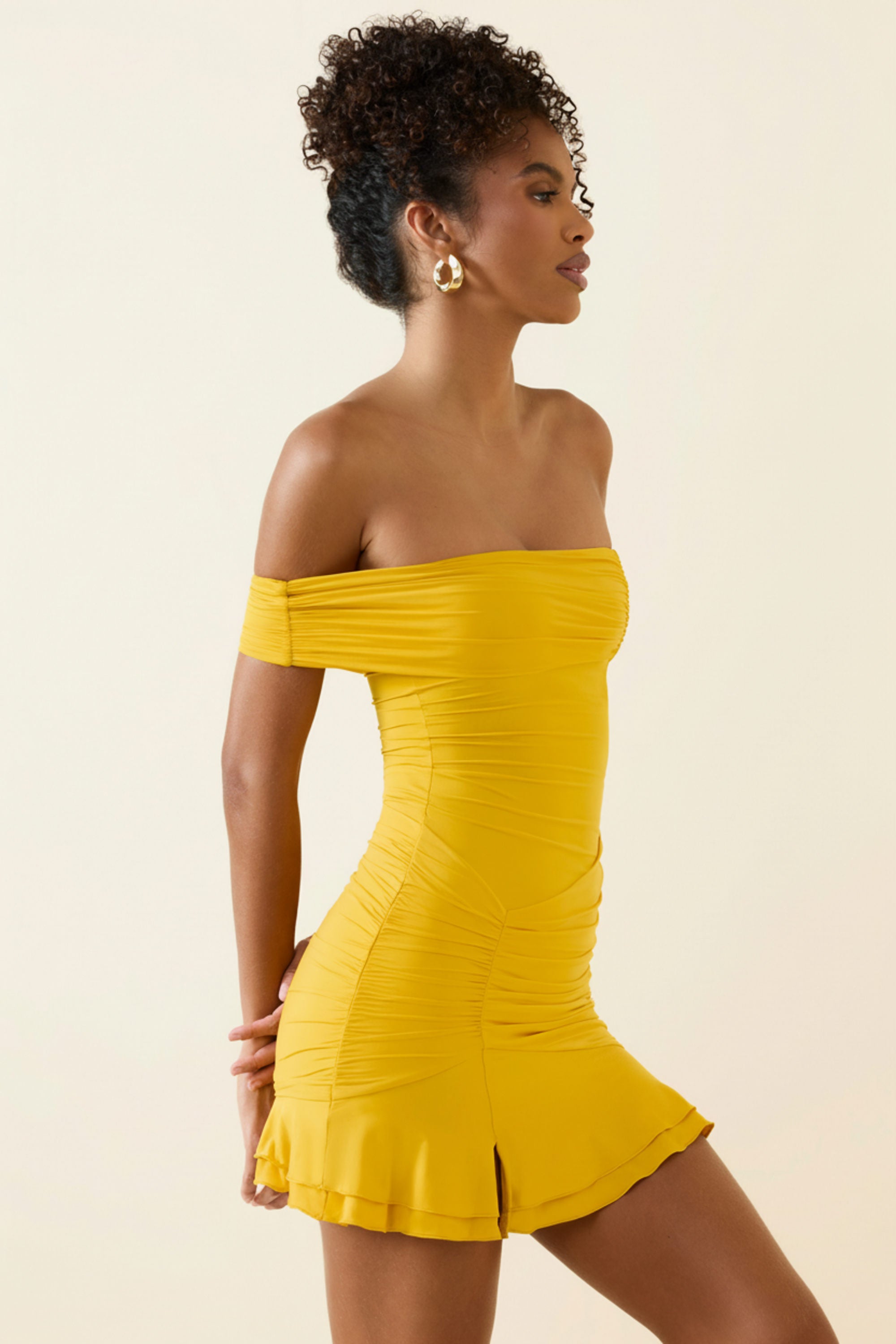 Arielle Asymmetric Ruched One-Shoulder Mini Dress in Golden Yellow | Oh ...