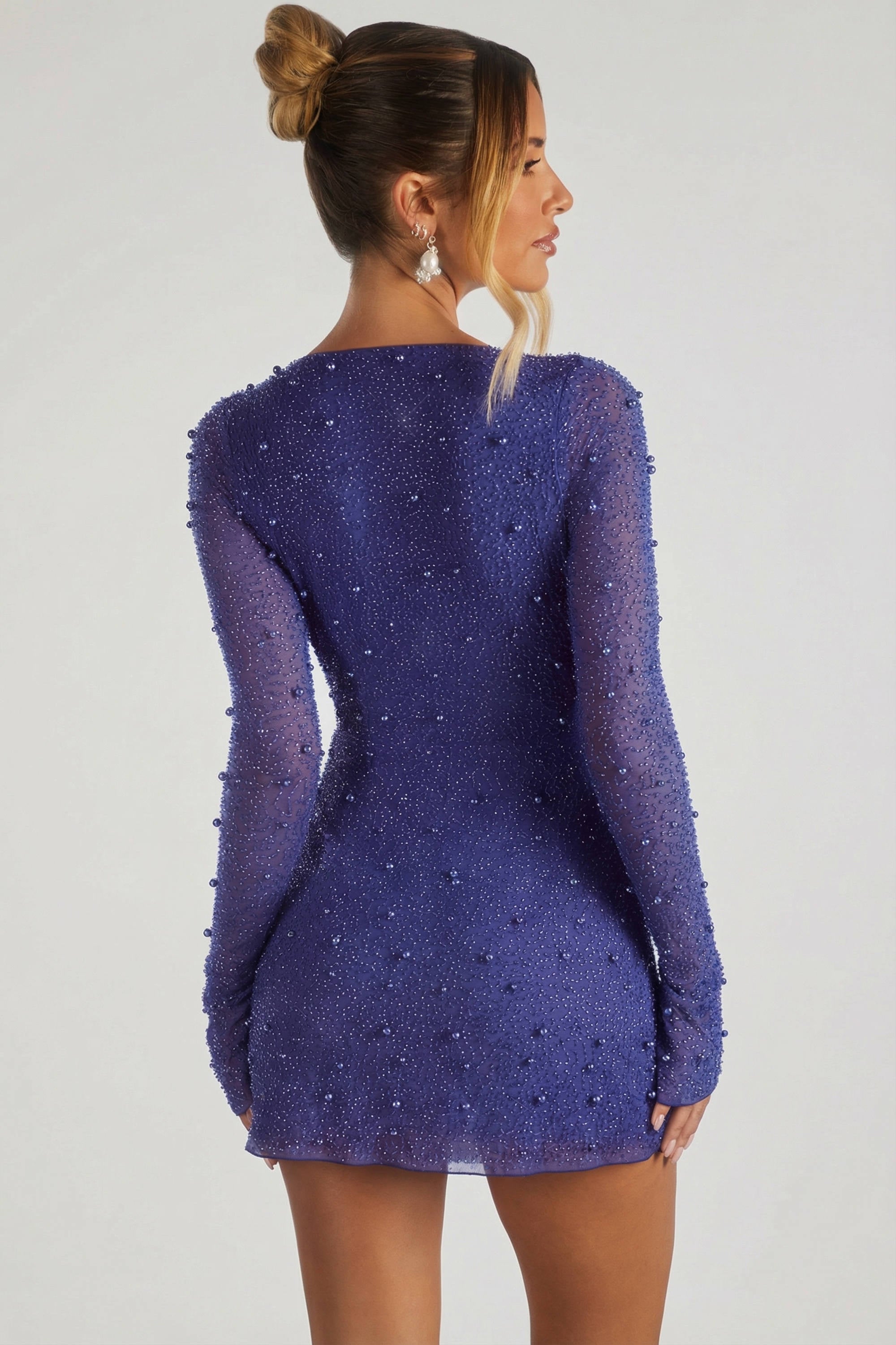 Chelsea Embellished Wrap Over A-Line Mini Dress in Dark Blue | Oh Polly