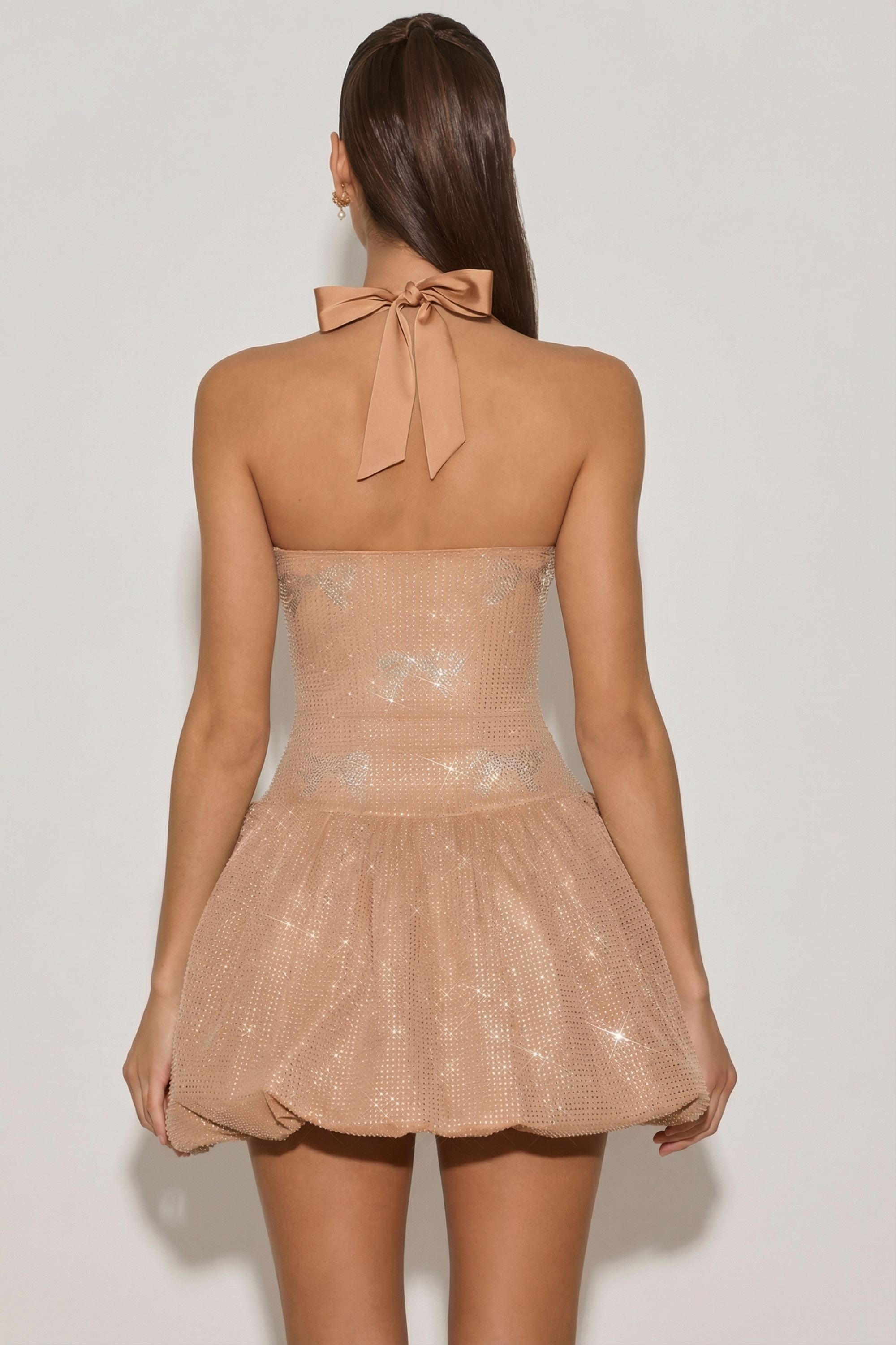 Felicity Embellished Halterneck Bubble Hem Mini Dress in Almond | Oh Polly