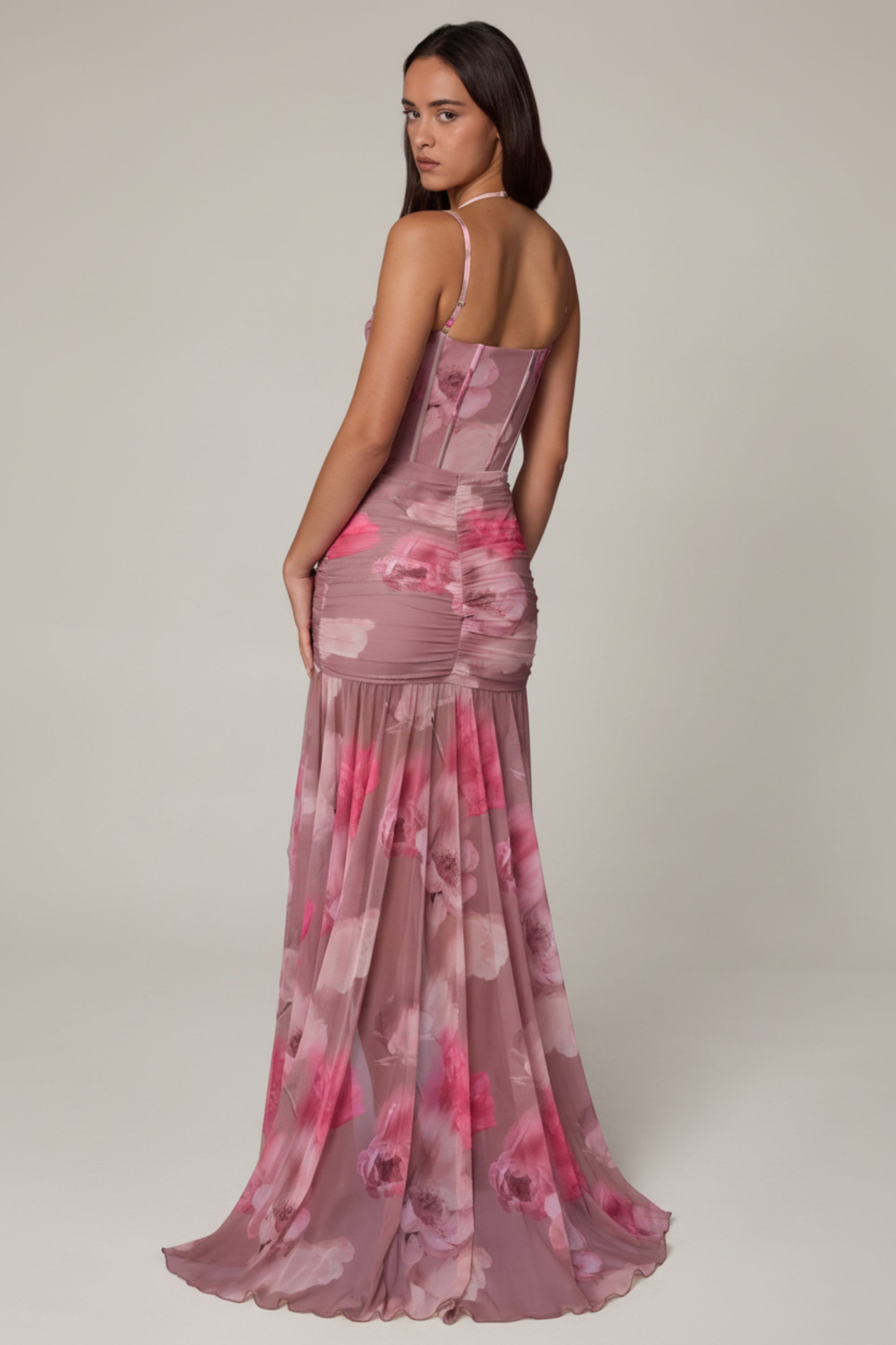 Haruna Ruched Asymmetric Corset Gown in Blurred Floral | Oh Polly