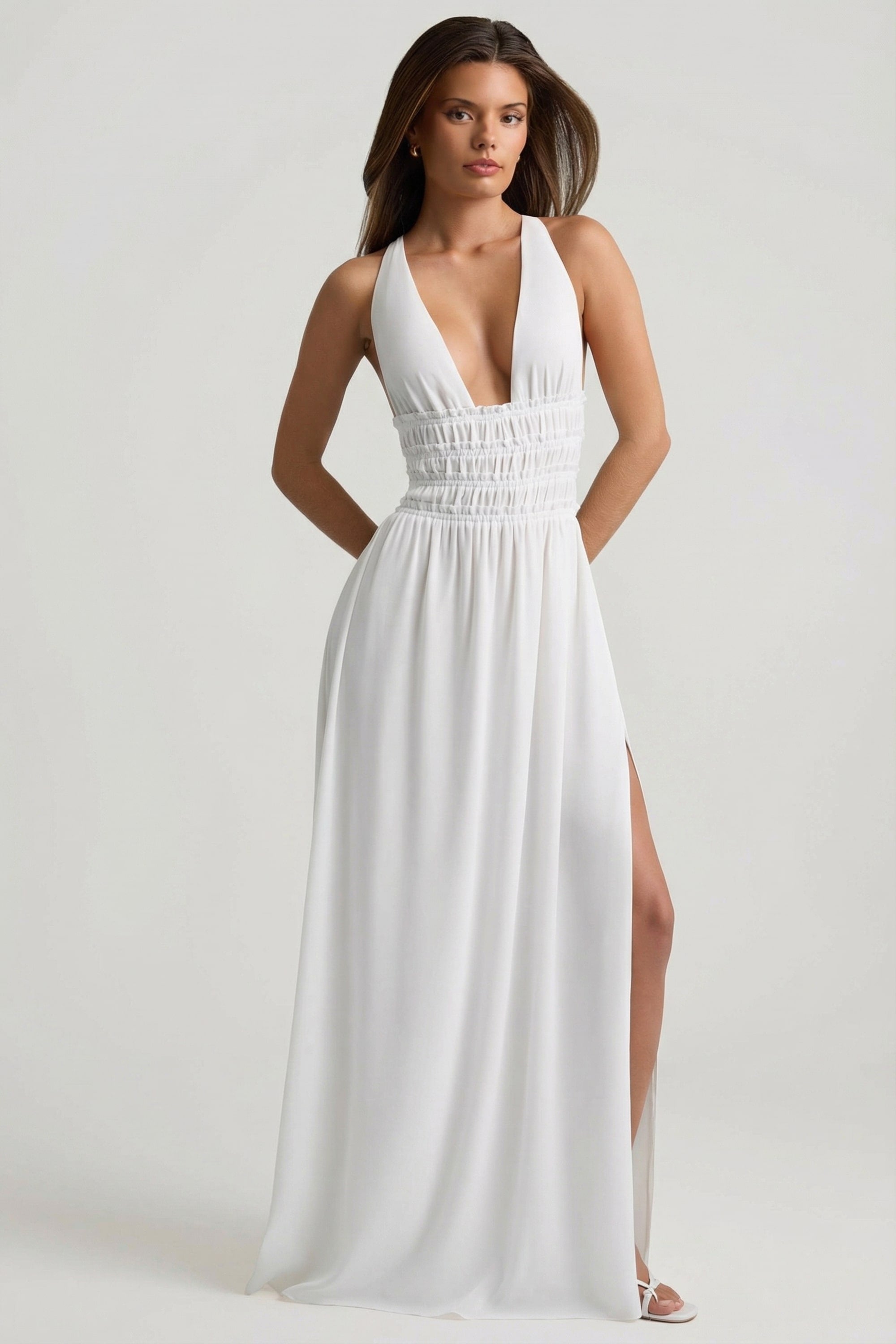 Pryana Plunge Cross-Back Maxi Dress in White | Oh Polly