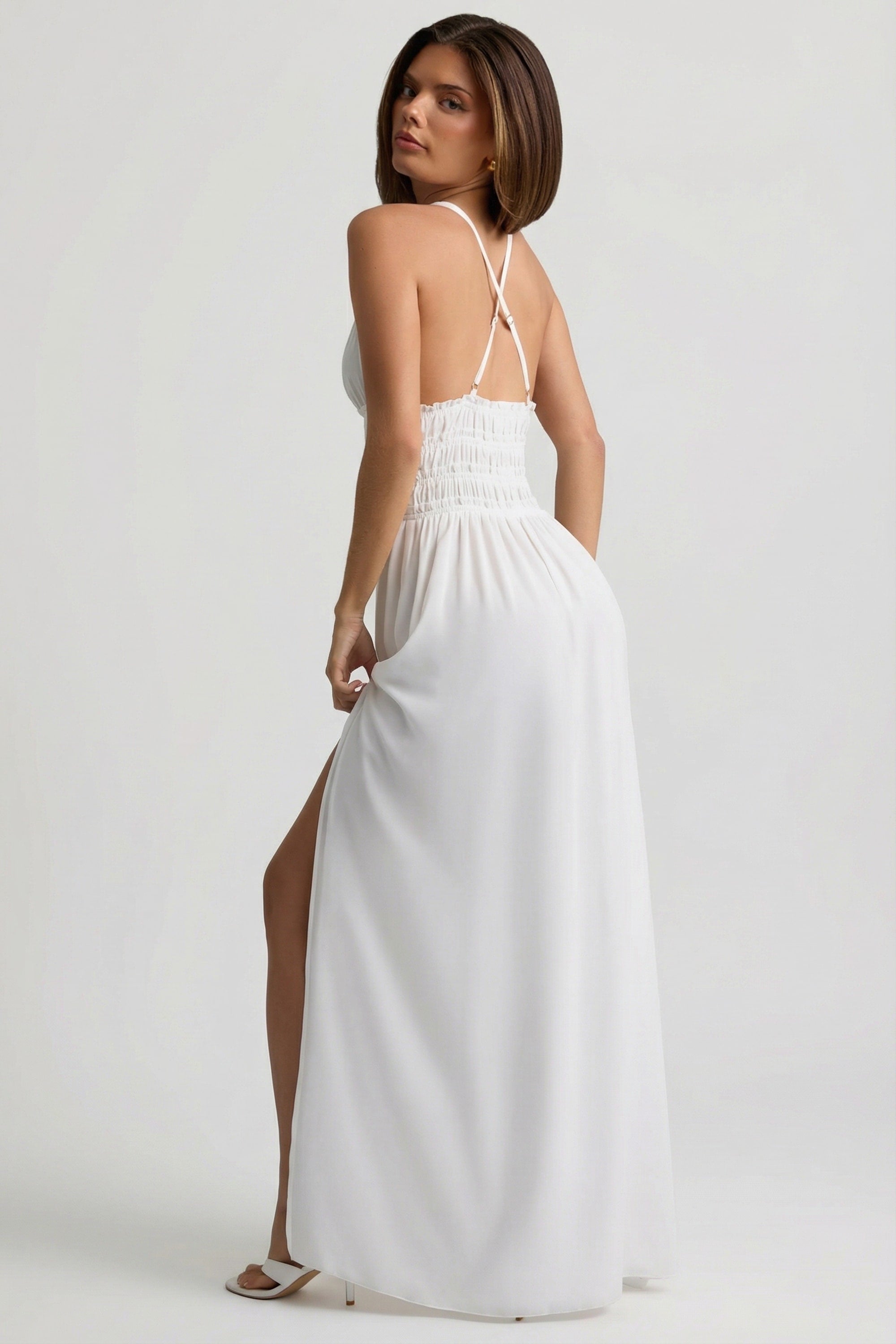 Pryana Plunge Cross-Back Maxi Dress in White | Oh Polly