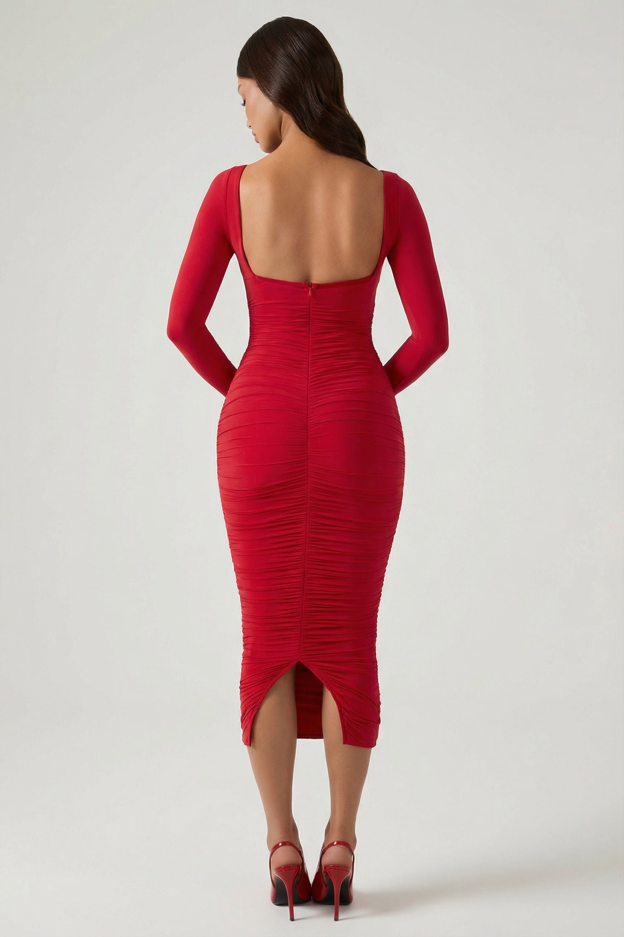 Deliana Layered Bra-Detail Ruched Midaxi Dress in Red | Oh Polly