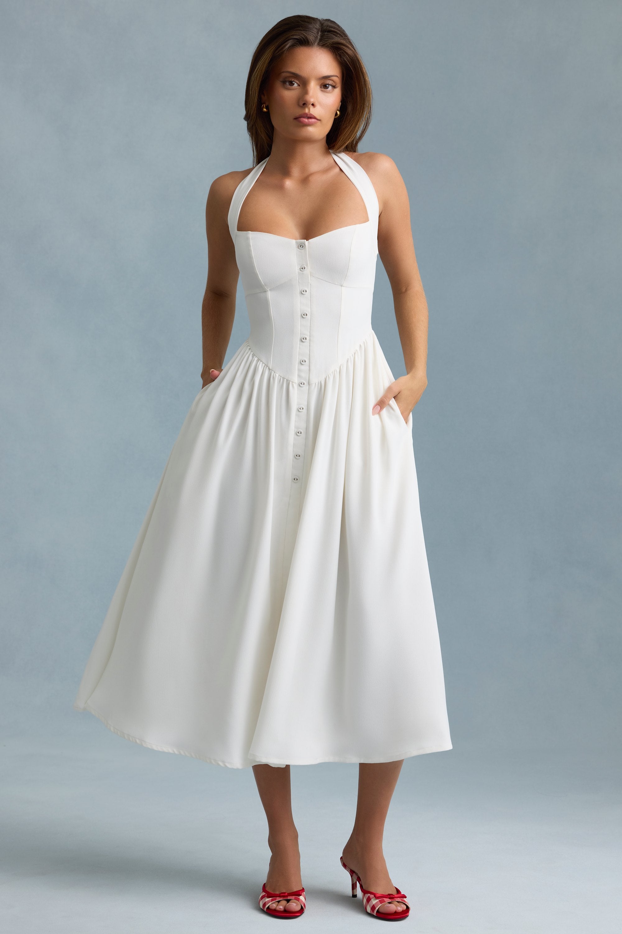 Orlena Button-Detail Halterneck Midaxi Dress in White | Oh Polly