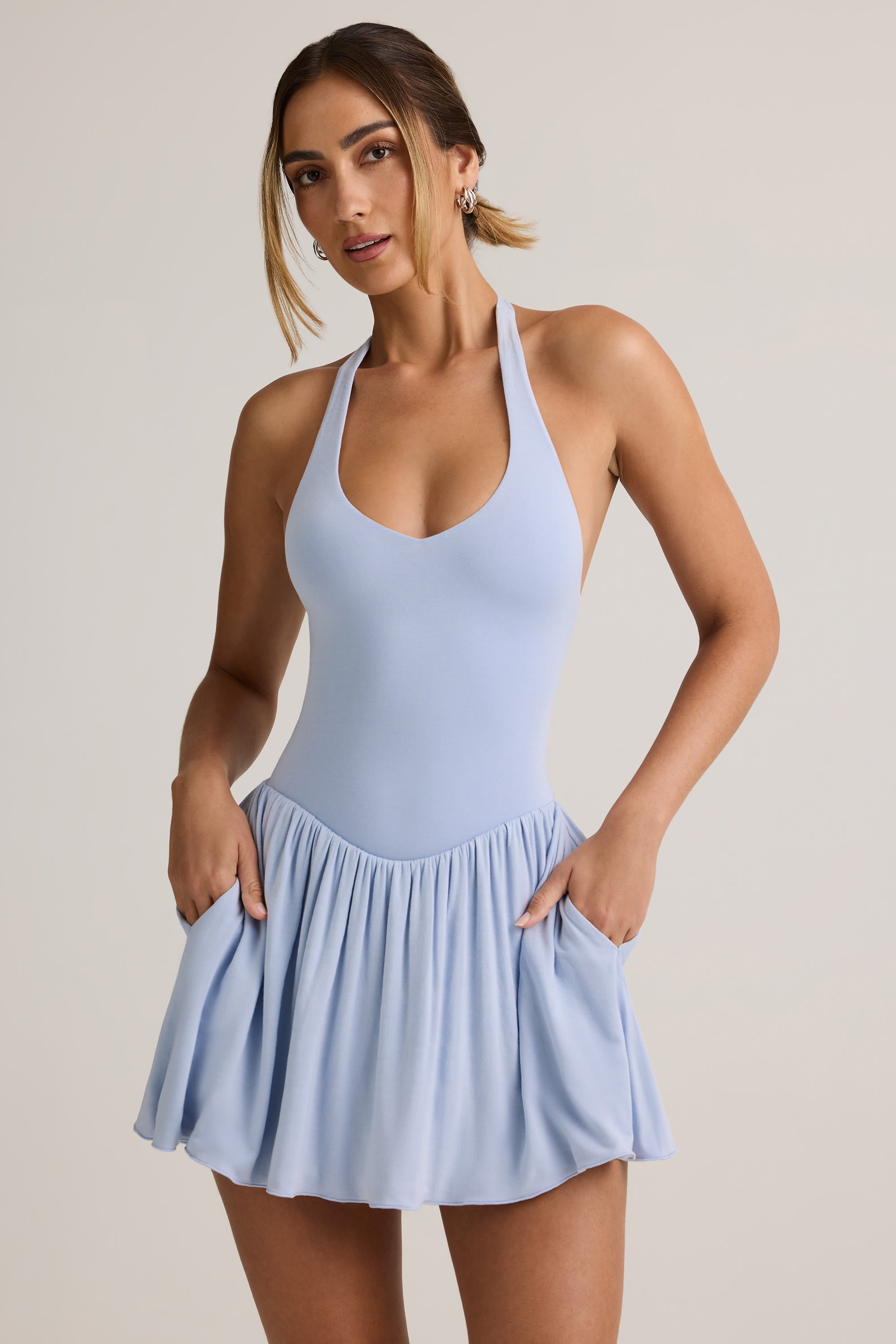 Reanna Modal Backless Halterneck Mini Dress in Light Blue | Oh Polly