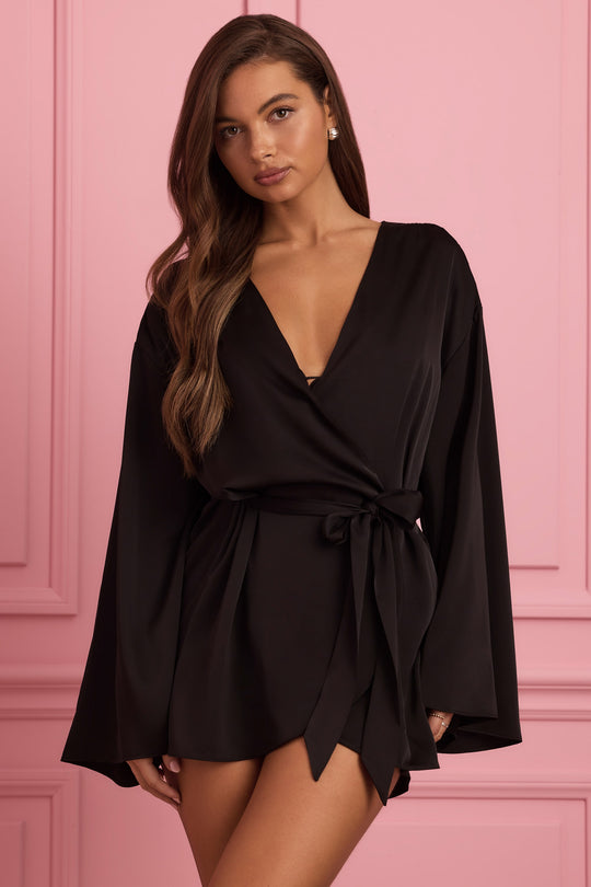 Reina Embellished Wrap-Over Robe in Black | Oh Polly