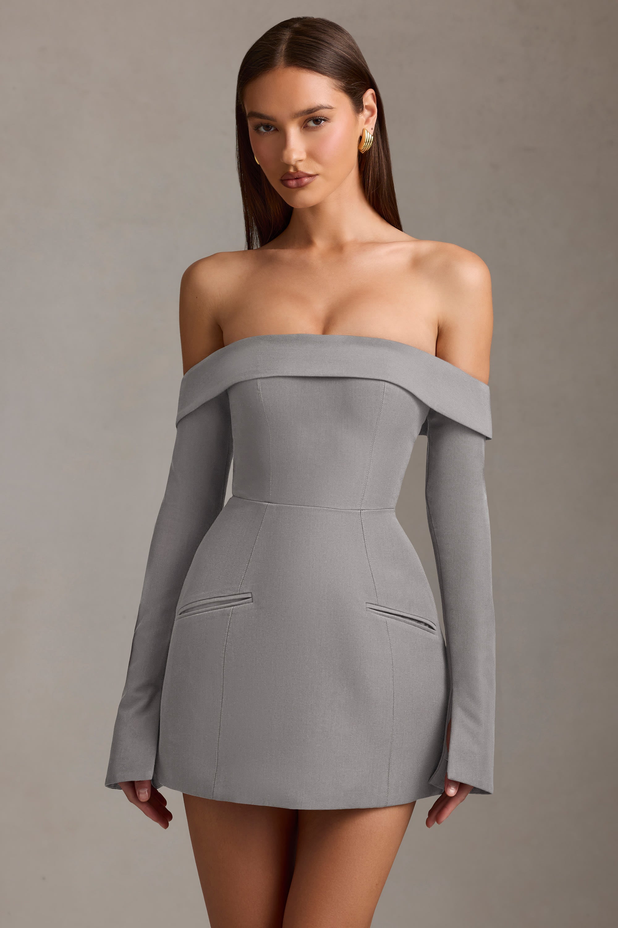 Seraphina Off-Shoulder Structured A-Line Mini Dress in Grey | Oh Polly