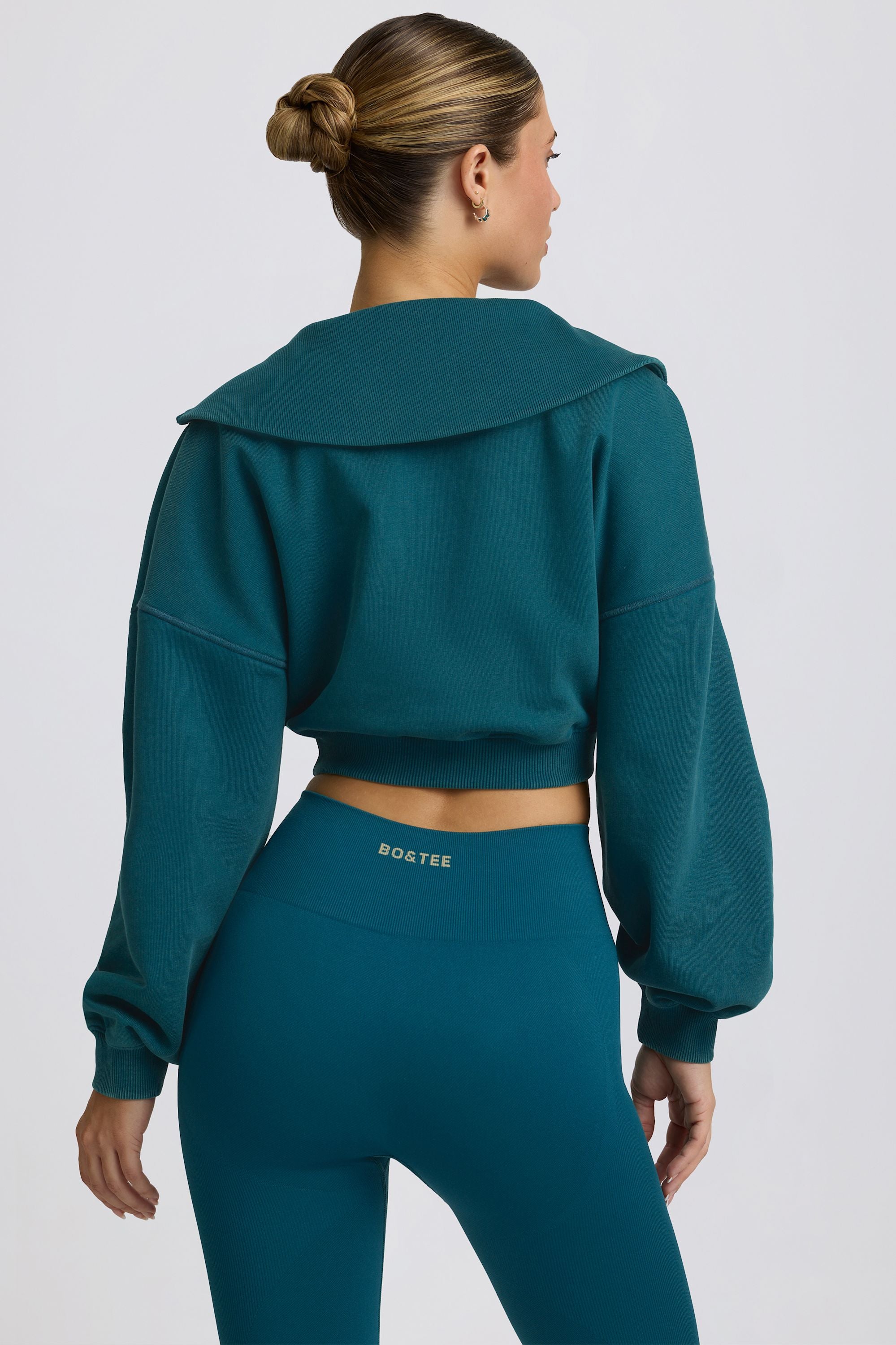 Quarter-Zip Cropped Sweatshirt in Teal | Oh Polly