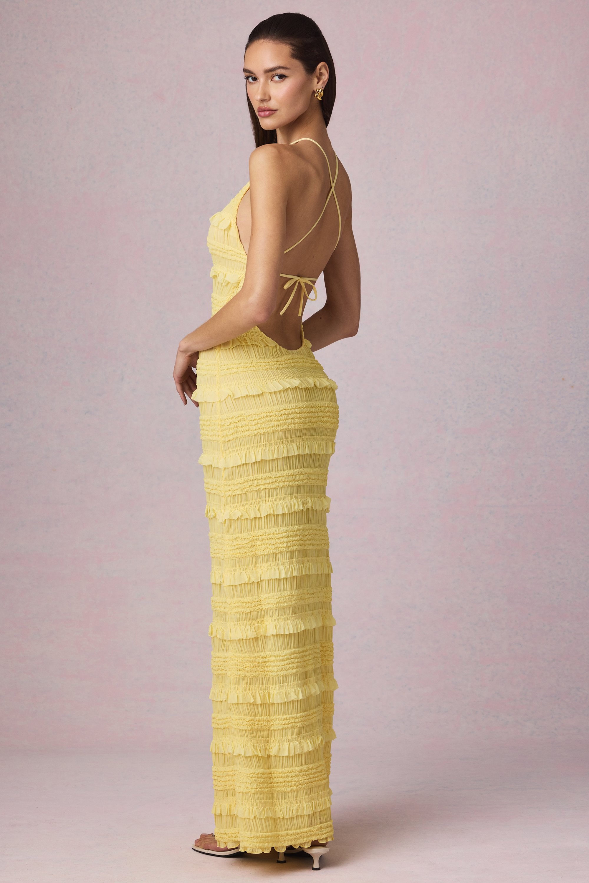 Tove Ruffled Backless Halterneck Maxi Dress in Lemon Yellow | Oh Polly